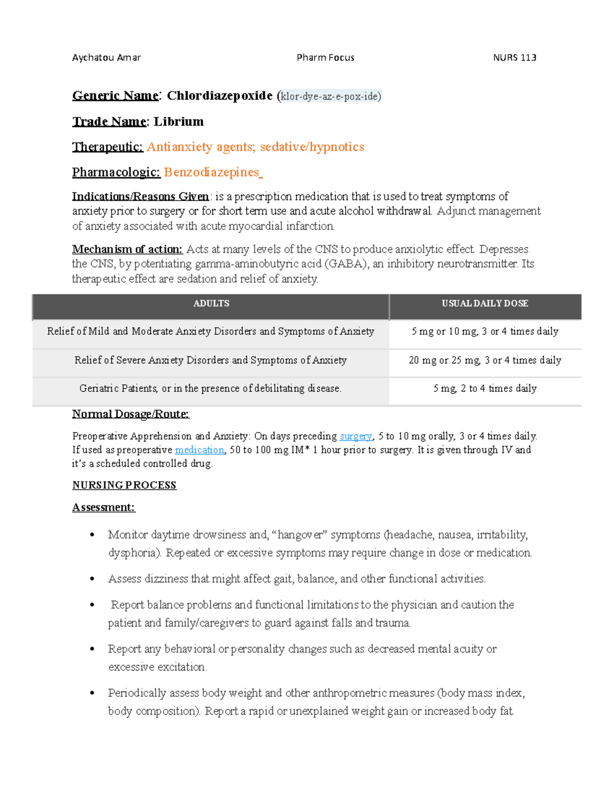 Librium - Drug card - Aychatou Amar Pharm Focus NURS 113 Generic Name ...