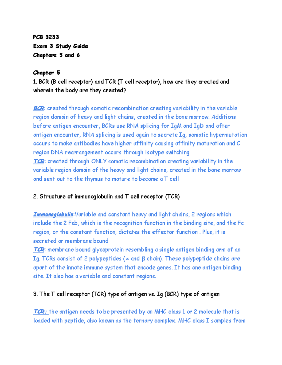 PCB 3233 Exam 3 Study Guide - PCB 3233 Exam 3 Study Guide Chapters 5 and 6 Chapter 5 BCR (B cell ...