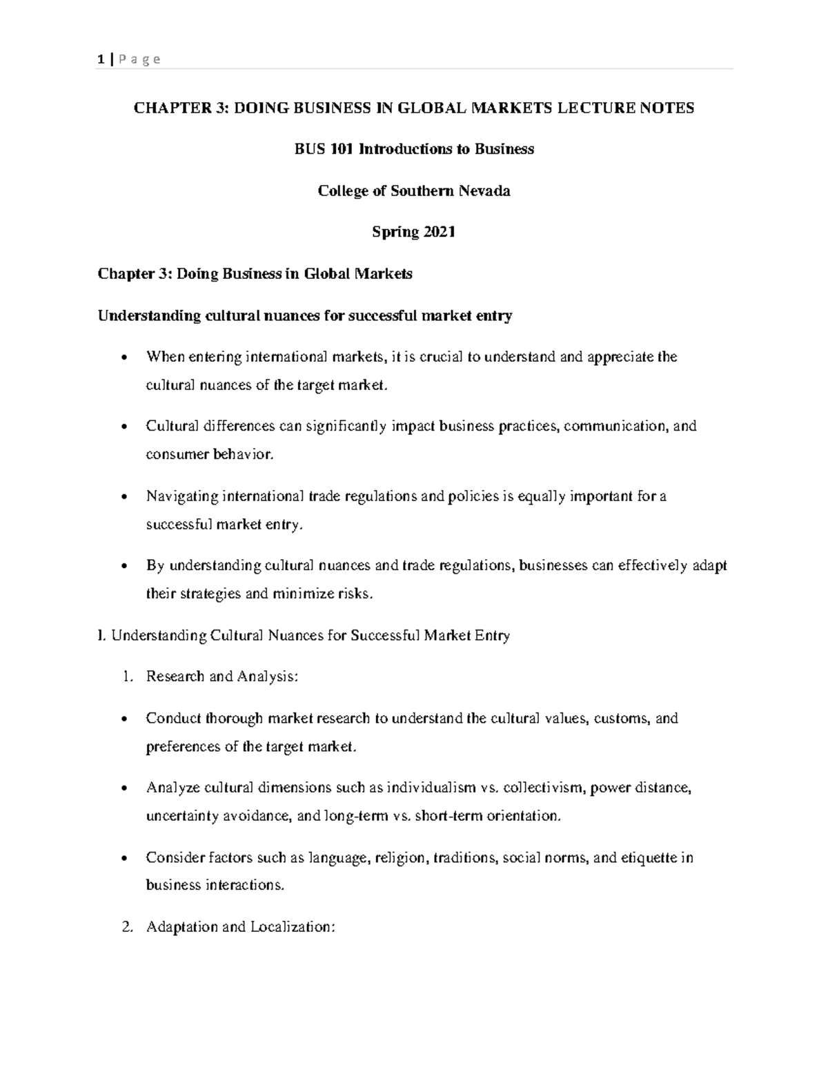 BUS 101 Chapter 3 Doing Business in Global Markets Lecture Notes ...