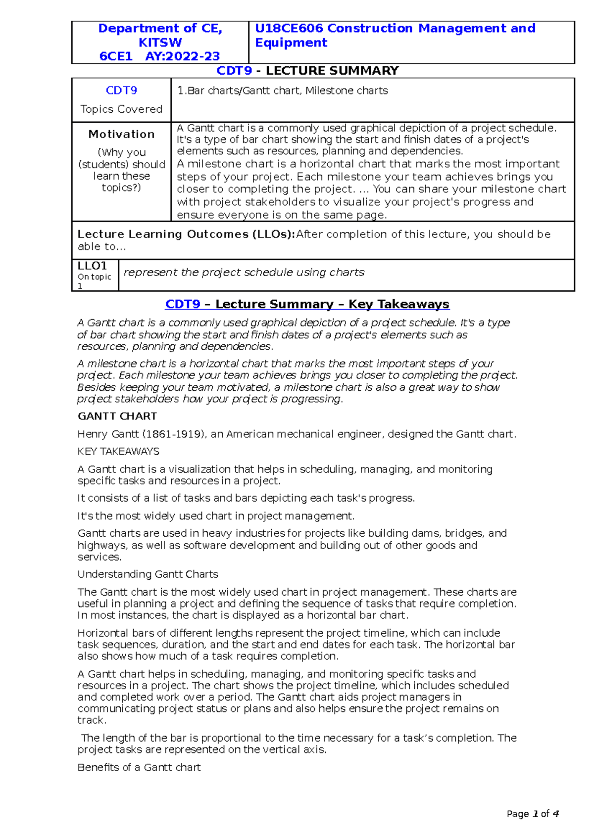 CME16 - Notes - KITSW 6CE1 AY:2022- Equipment CDT9 - LECTURE SUMMARY ...