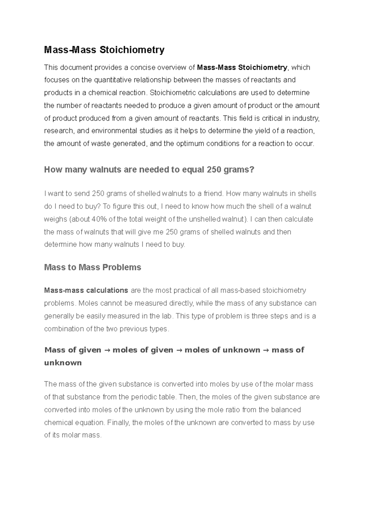 Mass-Mass Stoichiometry - Stoichiometric calculations are used to determine the number of ...