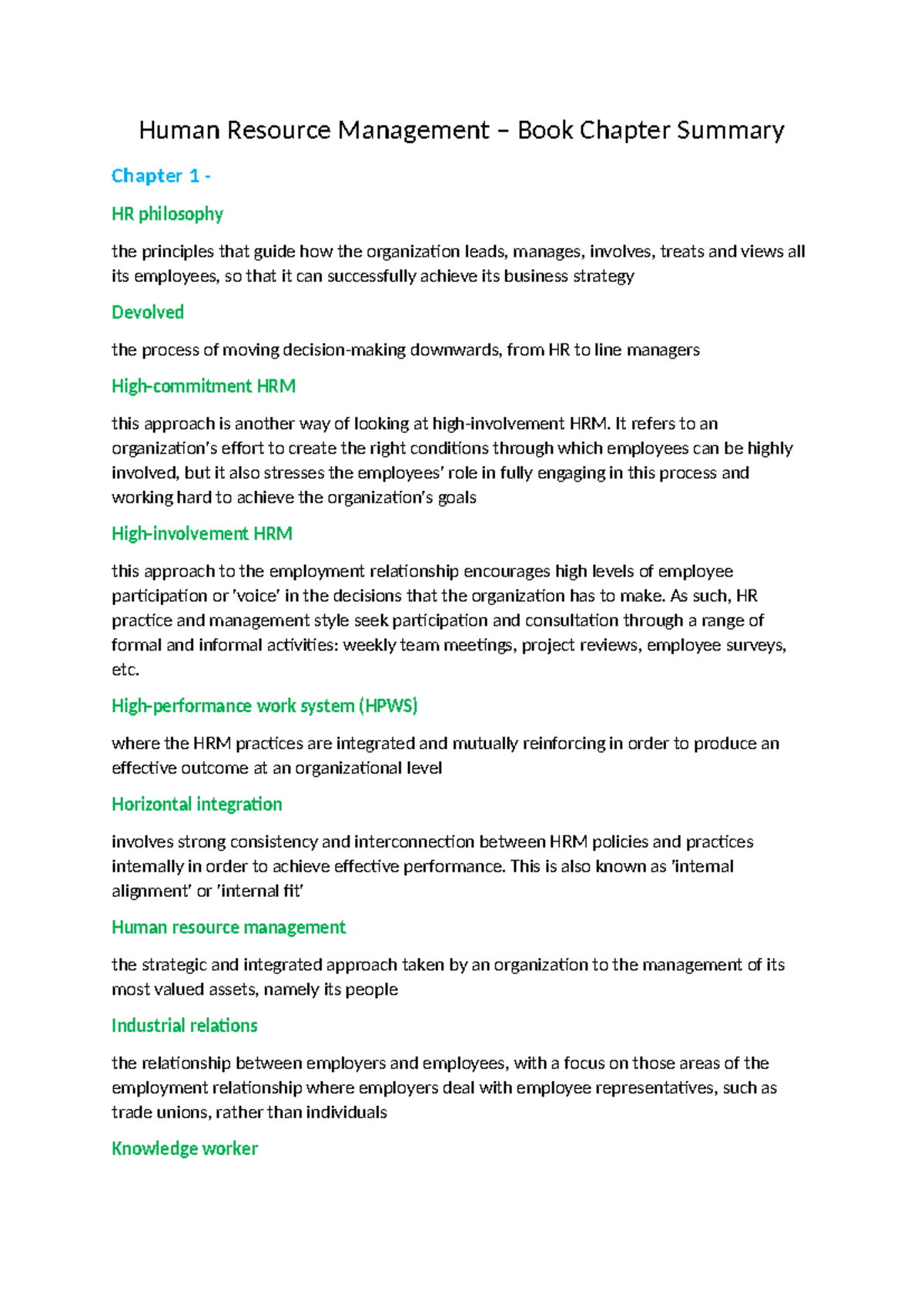 HR Reading summaries - Summary Principles of Human Resource Management ...