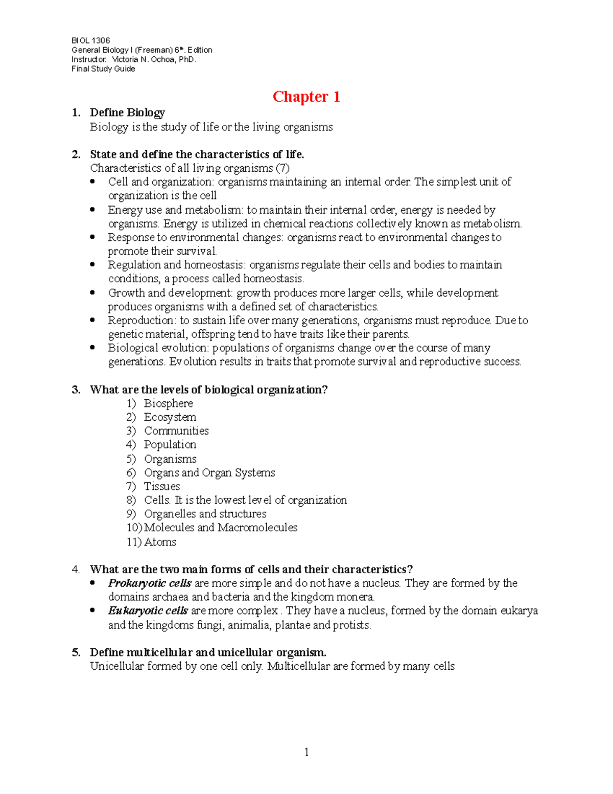 Final Exam Study Guide ( Chapters 1-17) - General Biology I (Freeman ...