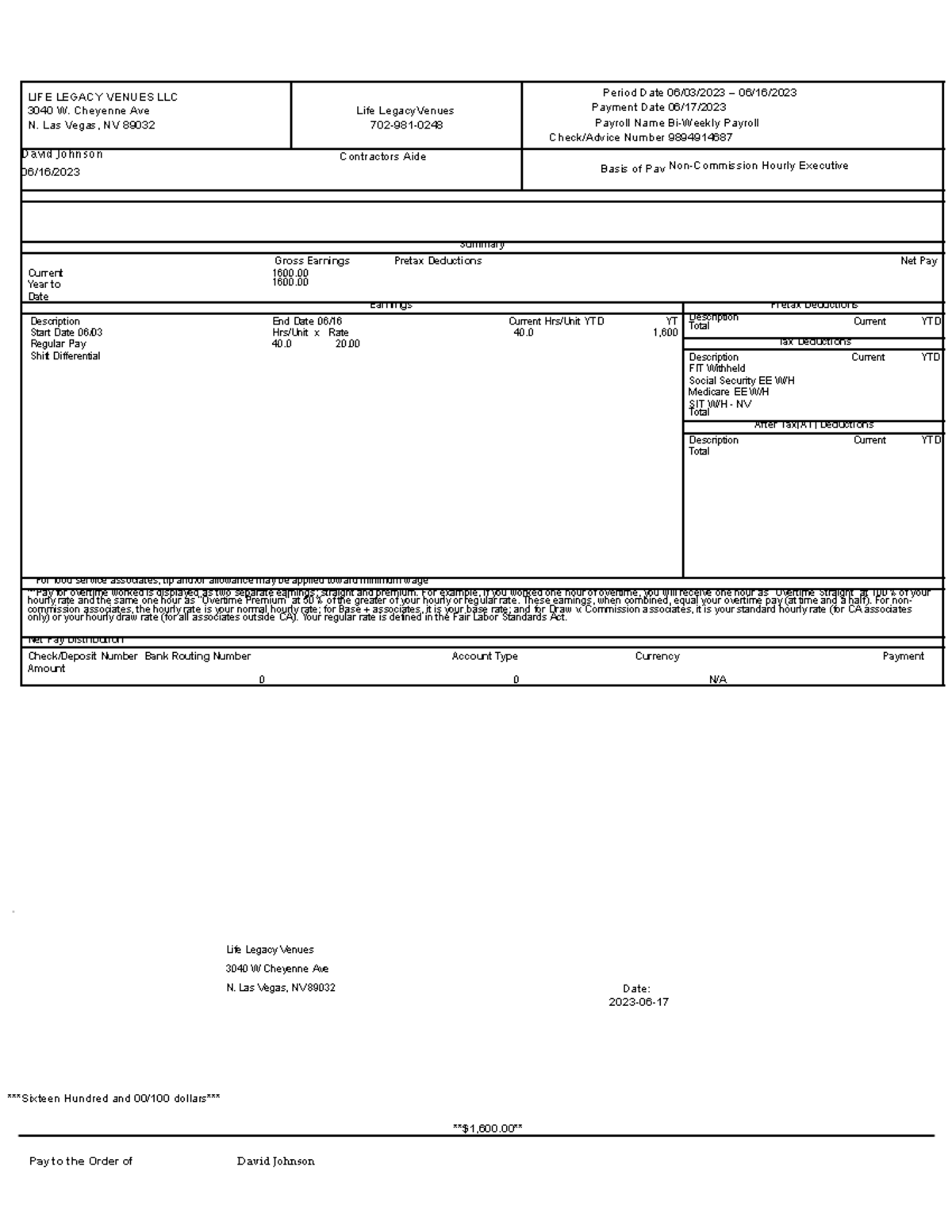 David Paystub - Template - LIFE LEGACY VENUES LLC 3040 W. Cheyenne Ave ...