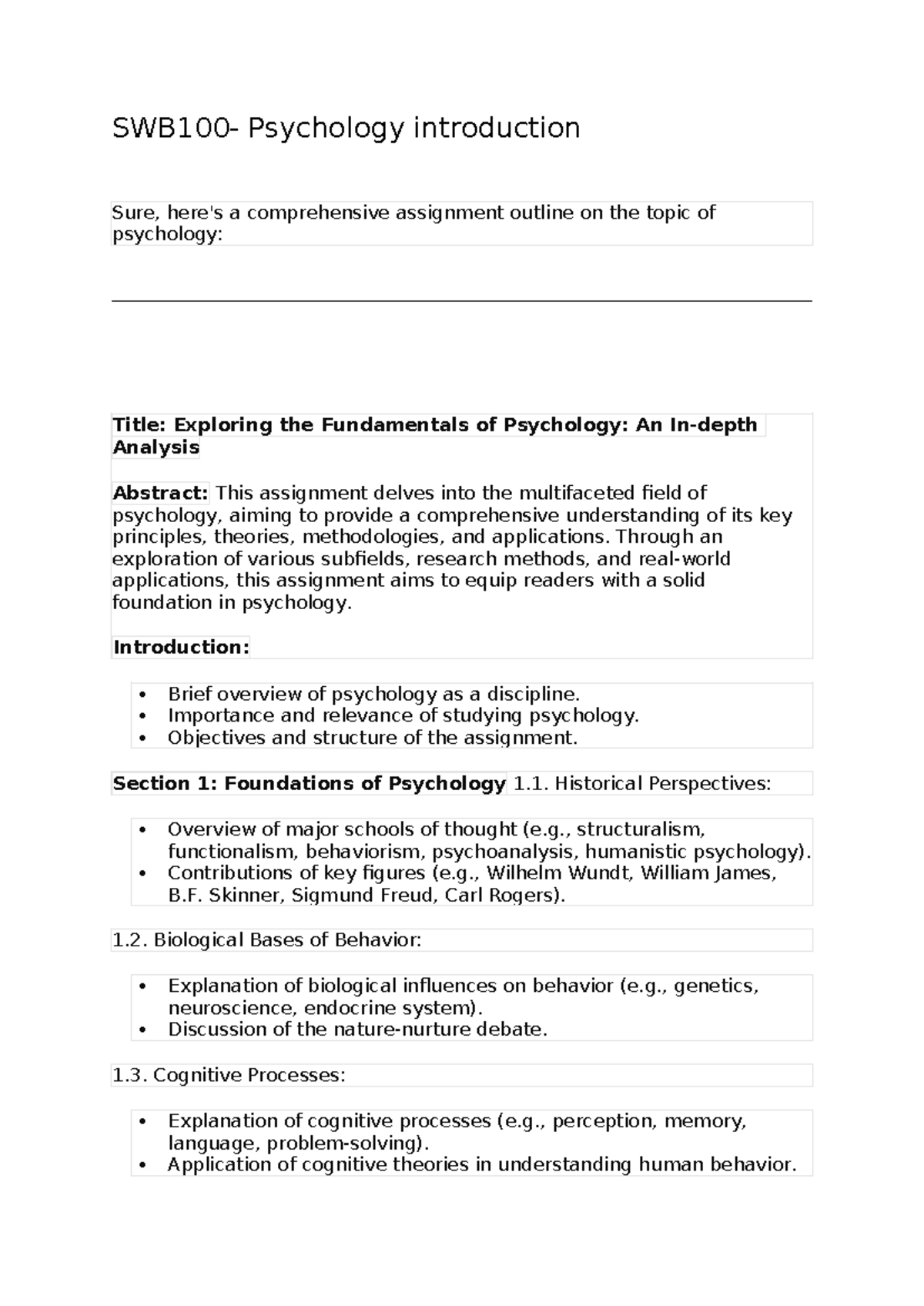 SWB100 Assignment - SWB100- Psychology introduction Sure, here's a ...