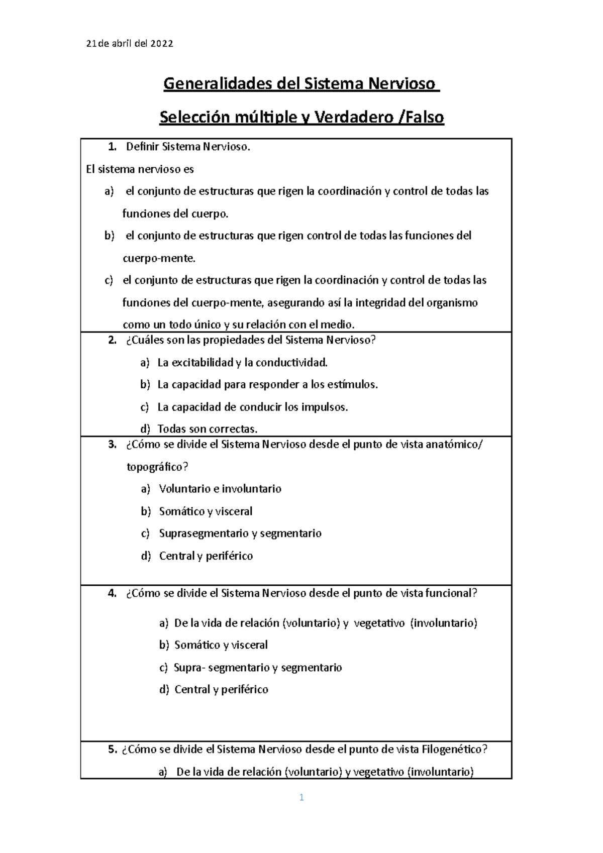 Generalidades del Sistema Nervioso Selección múltiple y Verdadero o ...