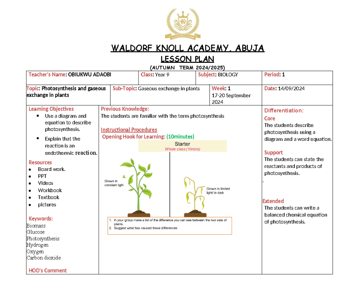 YEAR 9 WK1 Gaseous Exchange IN Plants - WALDORF KNOLL ACADEMY, ABUJA ...