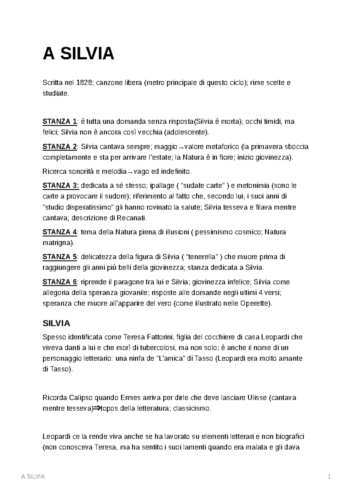 A Silvia - A SILVIA 1 A SILVIA Scritta nel 1828; canzone libera (metro principale di questo ...