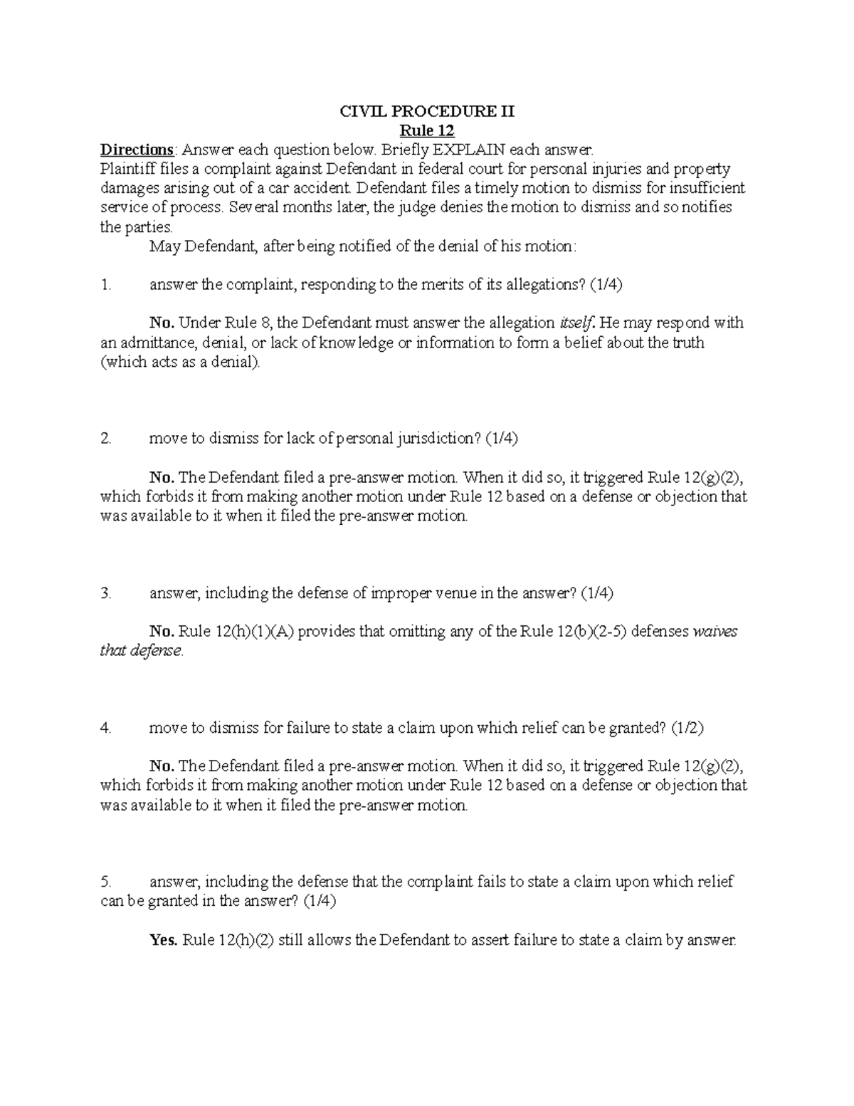 Rule 12 Quiz - Example problems for Rule 12 - LAW 626 - Studocu