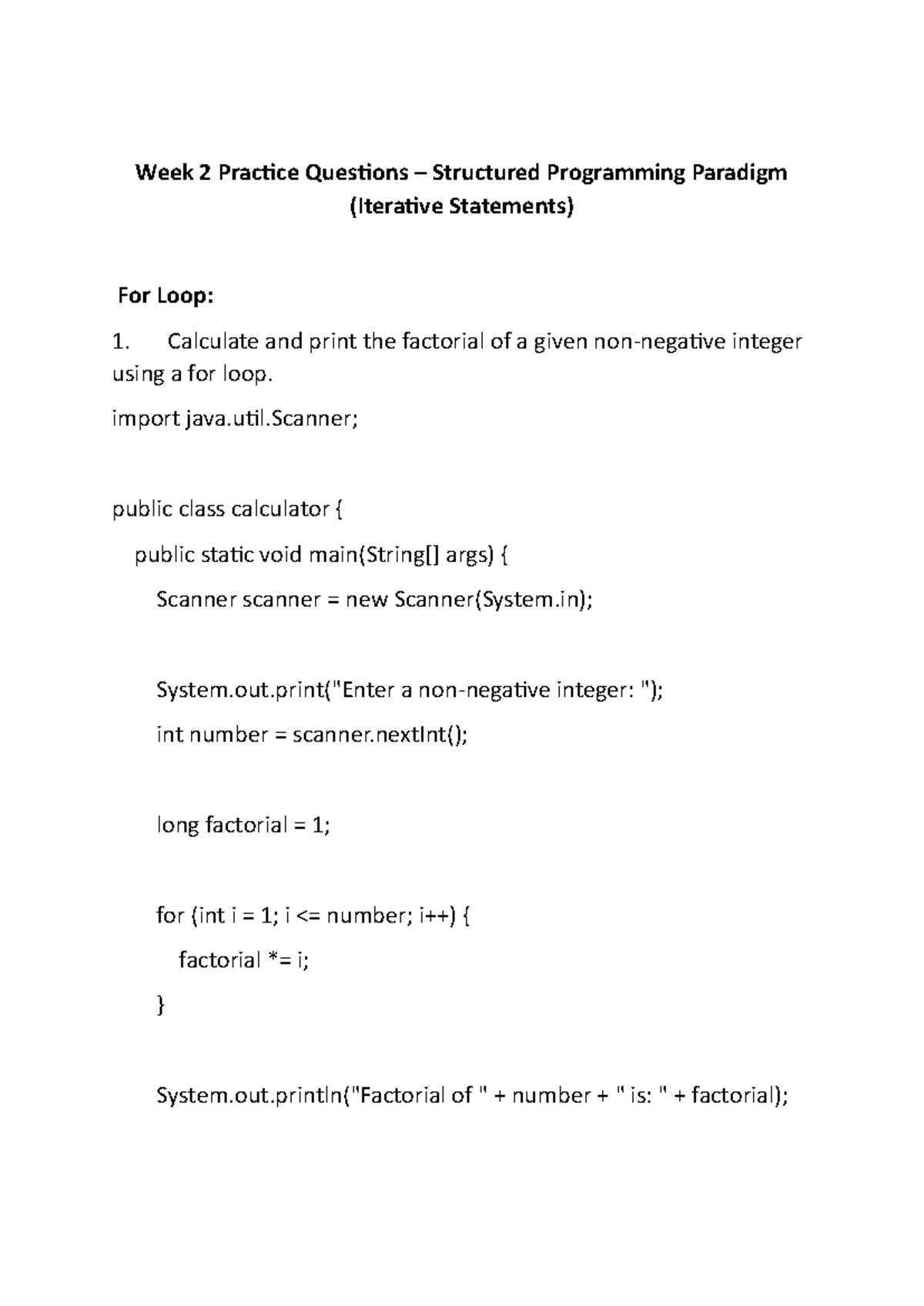 Week 2 Practice Answers Week 2 Practice Questions Structured Programming Paradigm Iterative