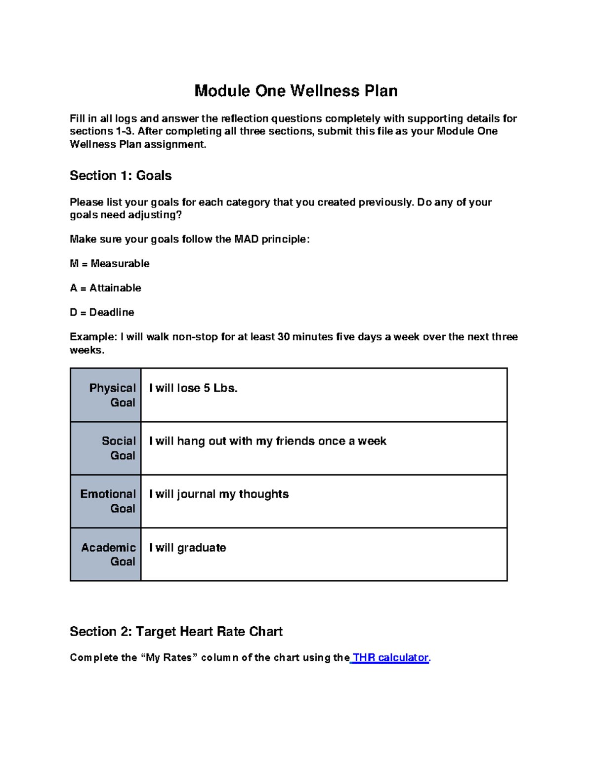 Module One Wellness Plan - After completing all three sections, submit ...