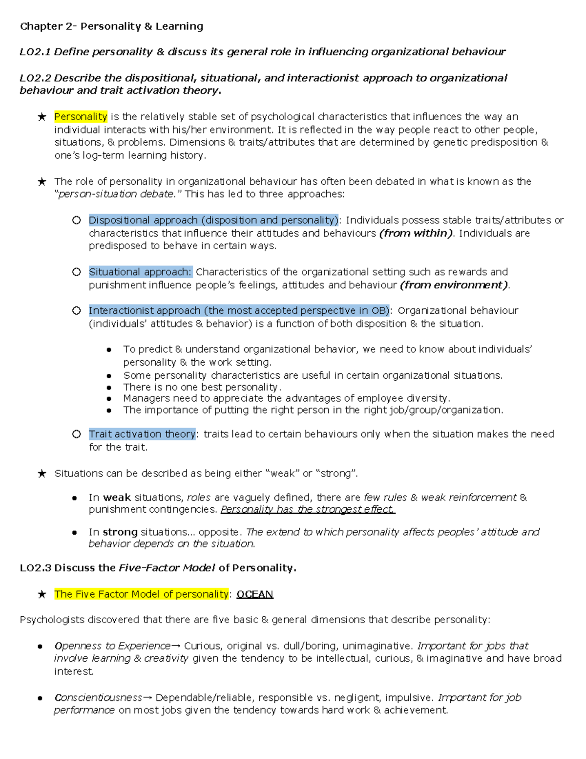 COMM222-doc-révision - Chapter 2- Personality & Learning LO2 Define ...