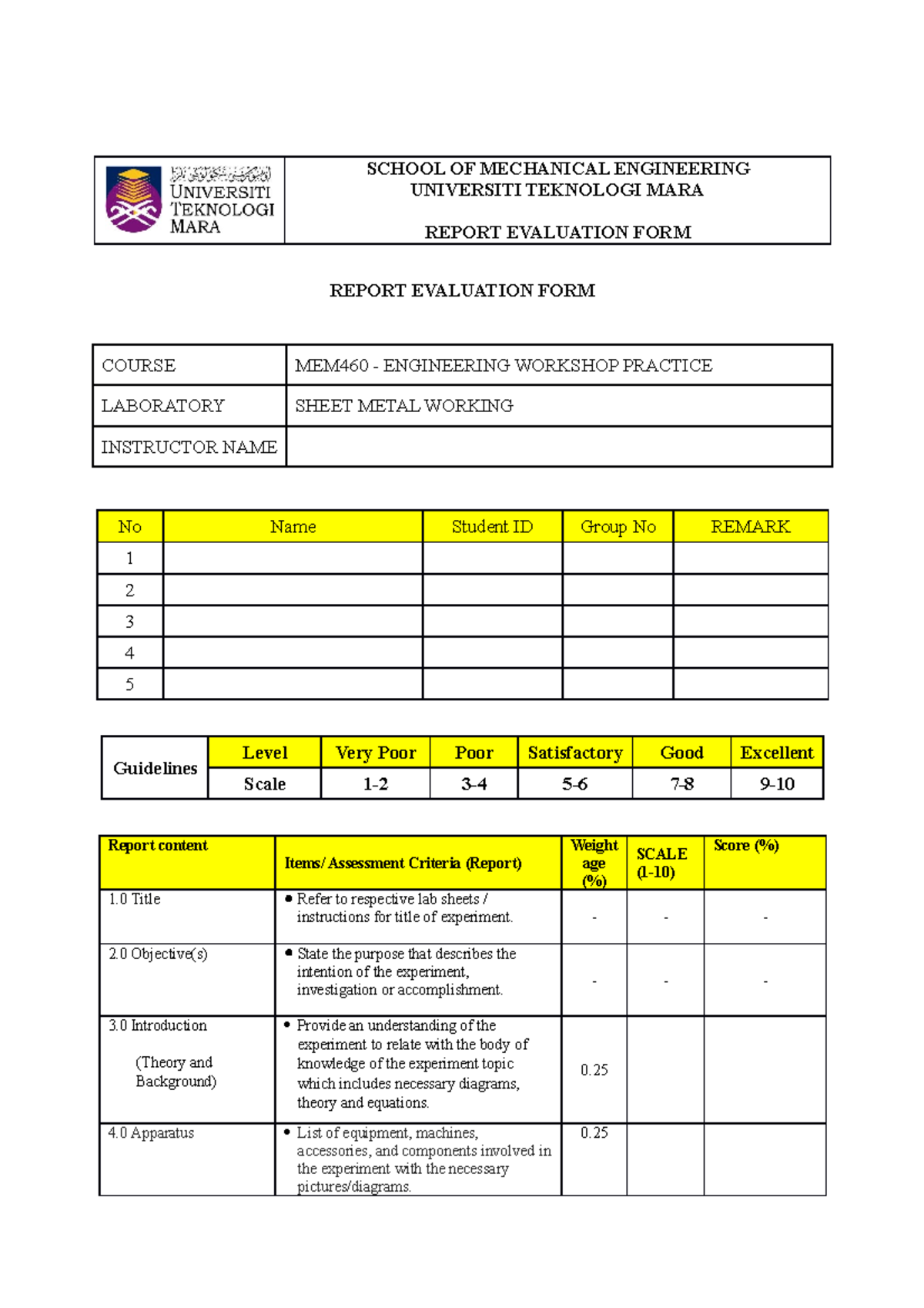 Report Evaluation For M - SCHOOL OF MECHANICAL ENGINEERING UNIVERSITI ...