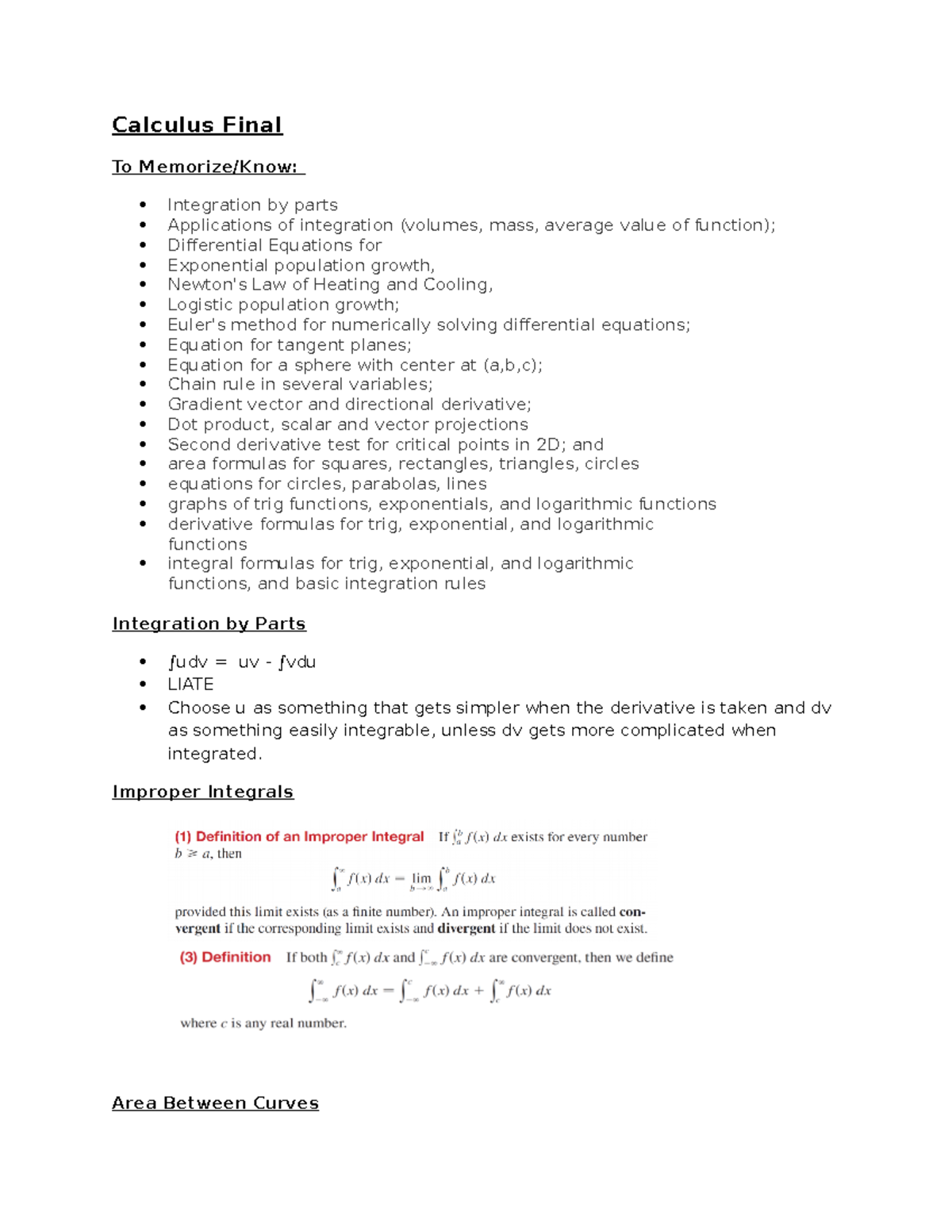 Calculus Final Notes - April exam summary of course content. Contains ...