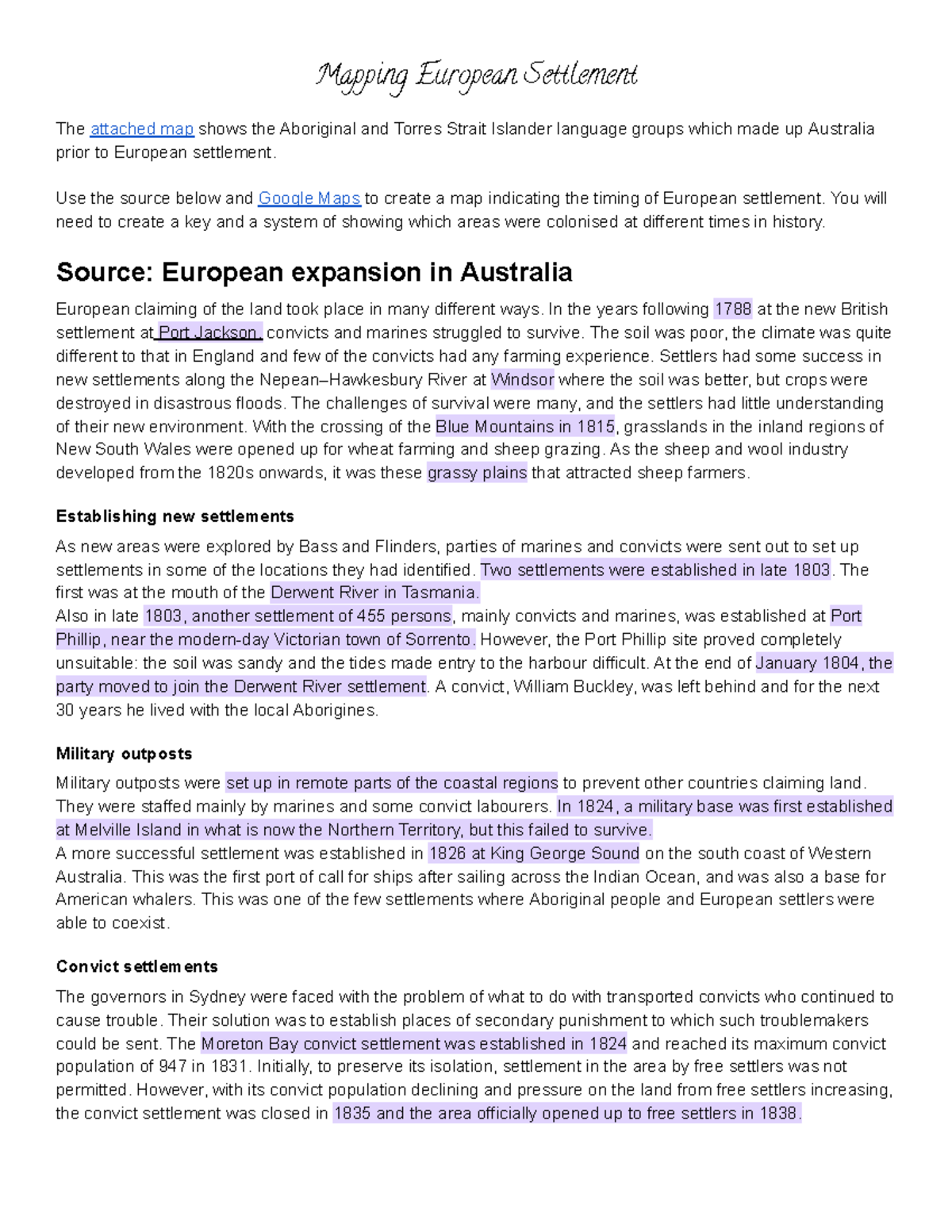 Mapping Settlement source - Mapping European Settlement The attached ...