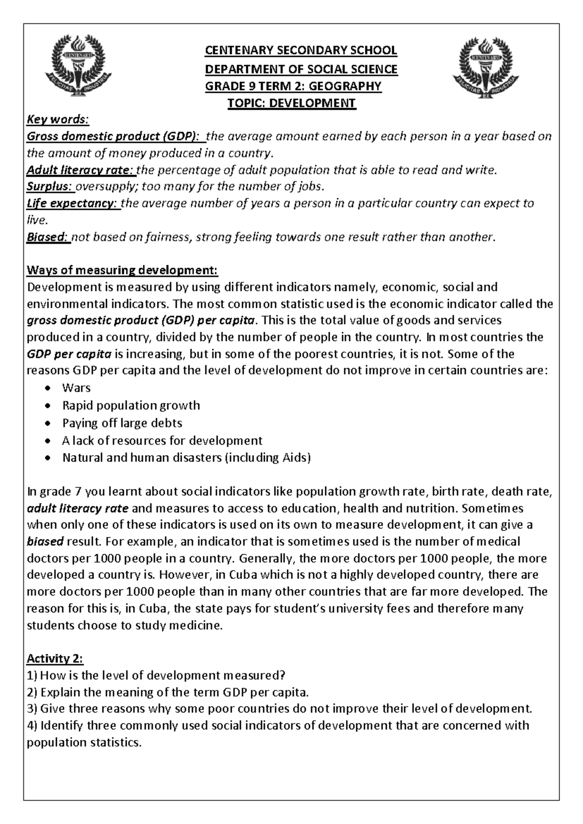 Development and ways to measure development in different ways such as ...