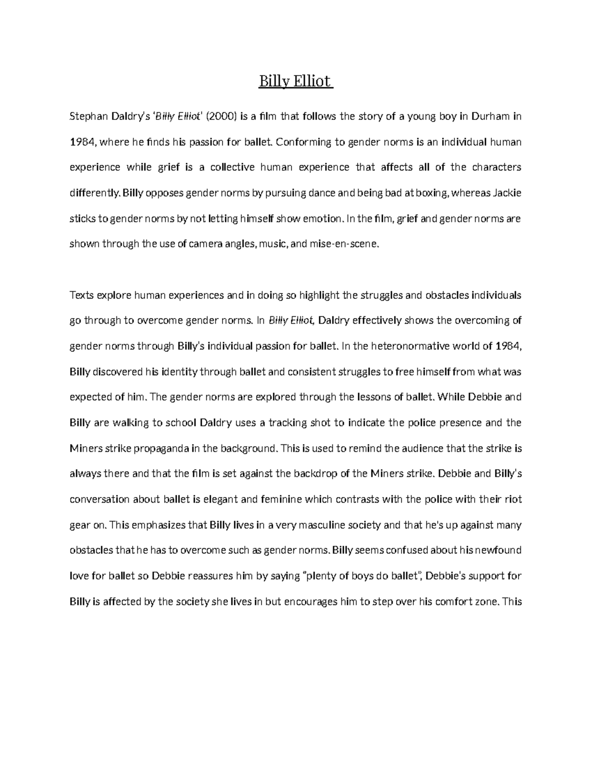 English Assessment - Billy Elliot (Bhakti) - Billy Elliot Stephan ...