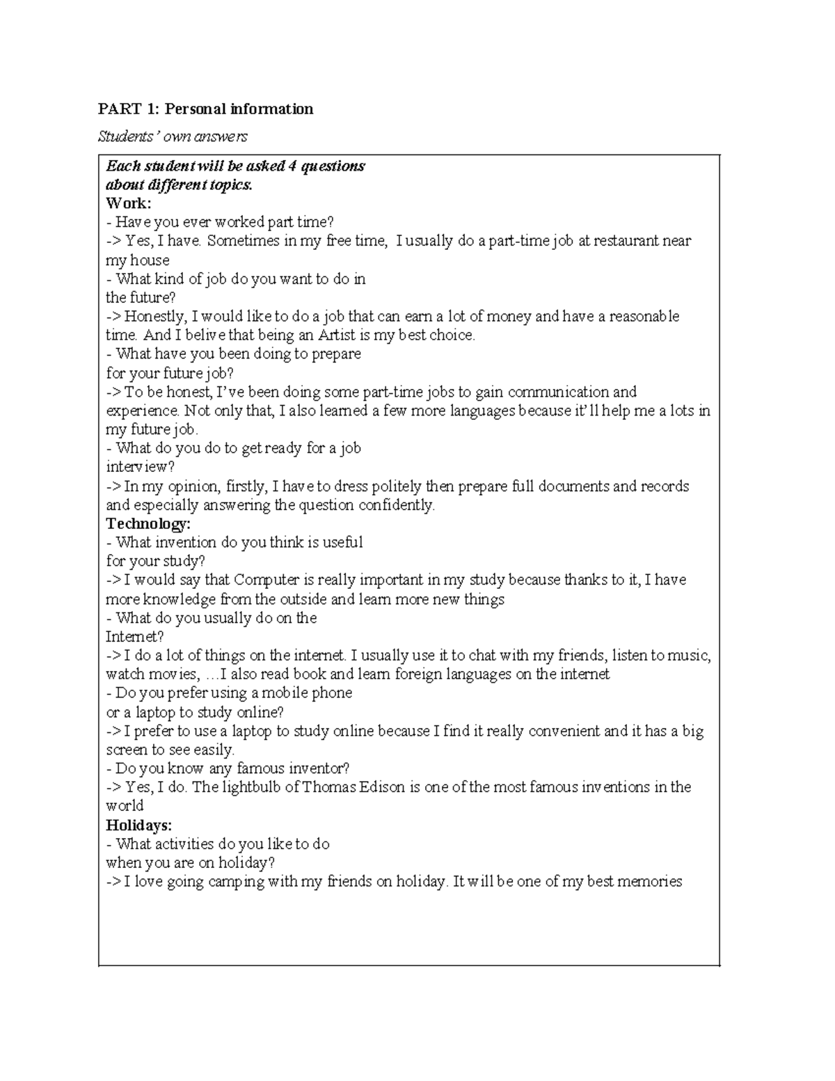 Av2 - Không - PART 1: Personal information Students’ own answers Each ...