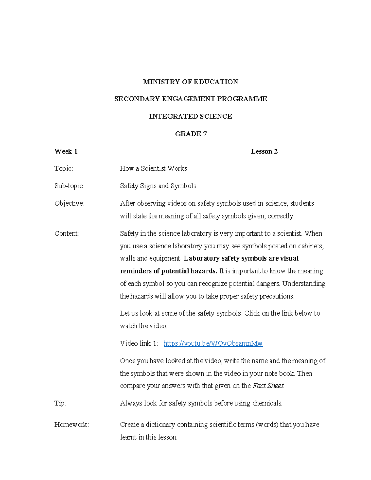 Grade 7 Integrated Science Lesson 2 - MINISTRY OF EDUCATION SECONDARY ...