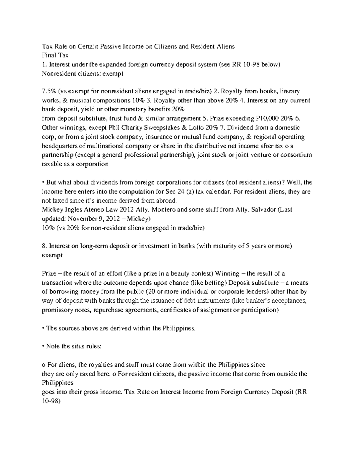 Tax Rate on Certain Passive Income on Citizens and Resident Aliens ...