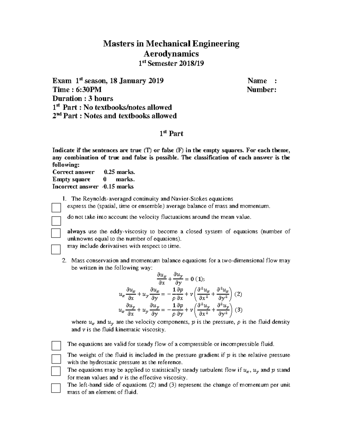 1º Exame 2018/19 - Masters in Mechanical Engineering Aerodynamics 1 st ...