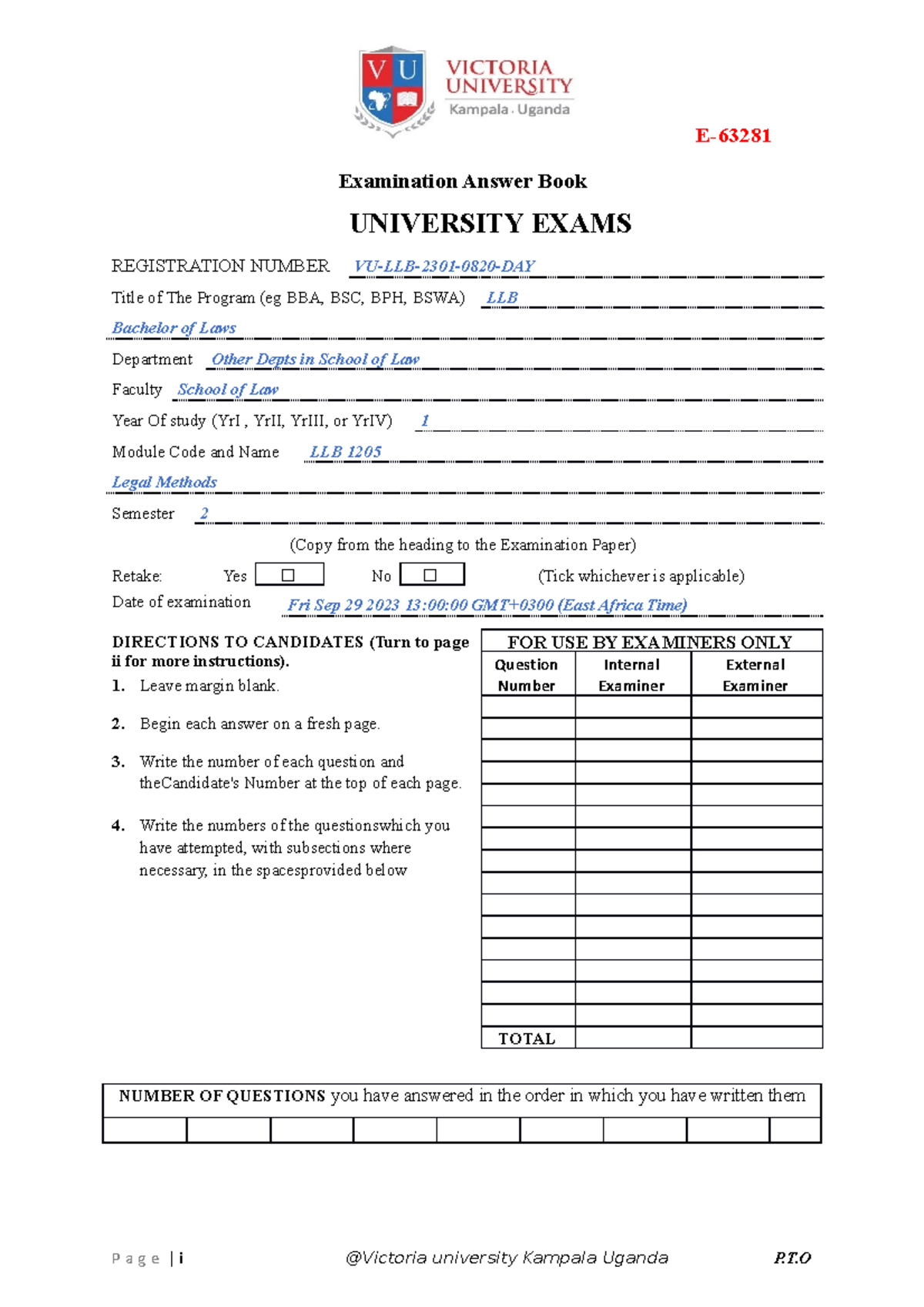 VU LLB 2301 0820 DAY - Revision - Examination Answer Book UNIVERSITY ...