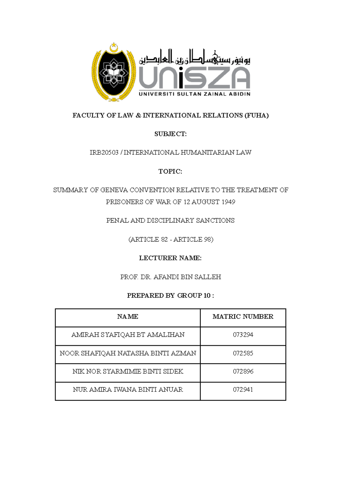 Summary Article 82 - Article 98 of Geneva Convention relative to the ...