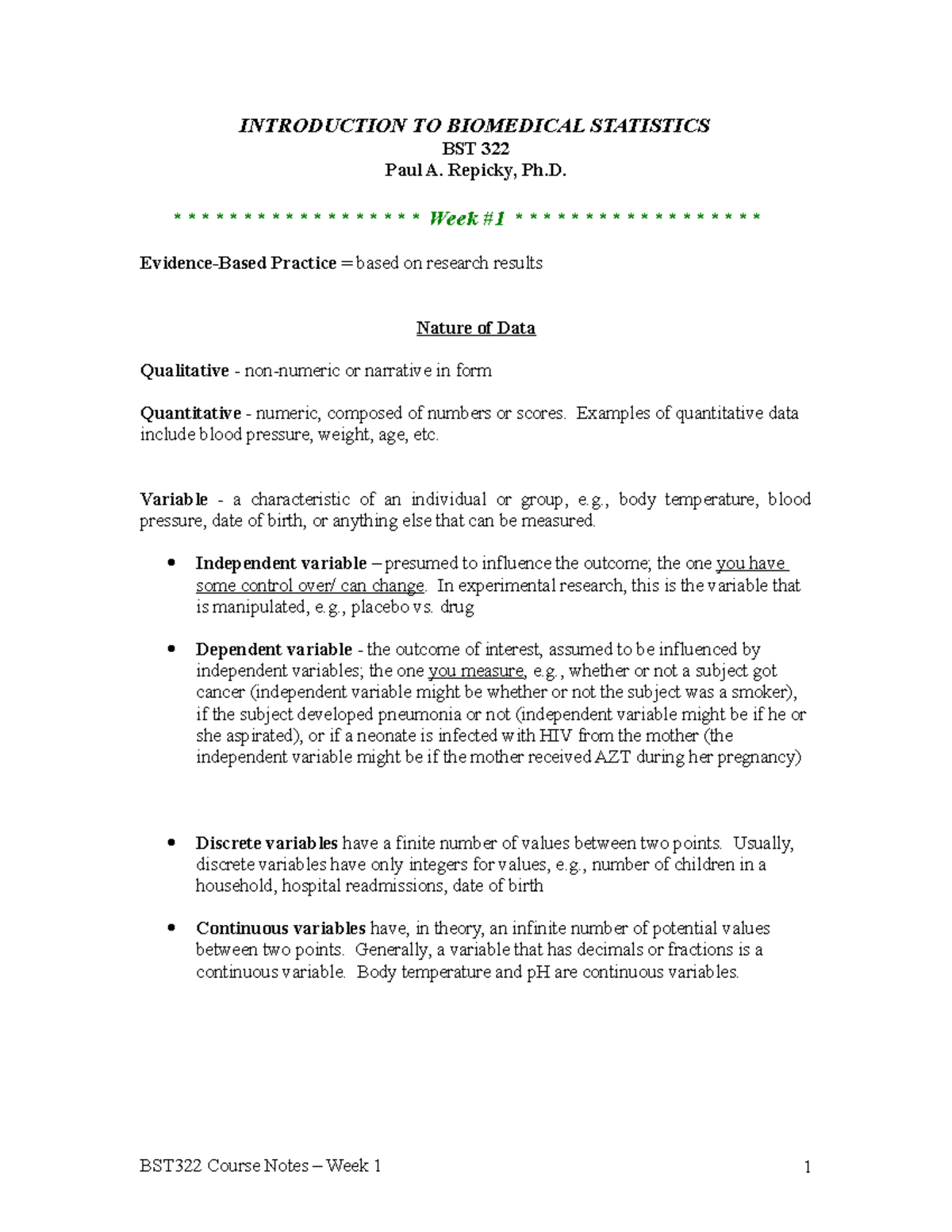Course Notes Week #1 - INTRODUCTION TO BIOMEDICAL STATISTICS BST 322 ...