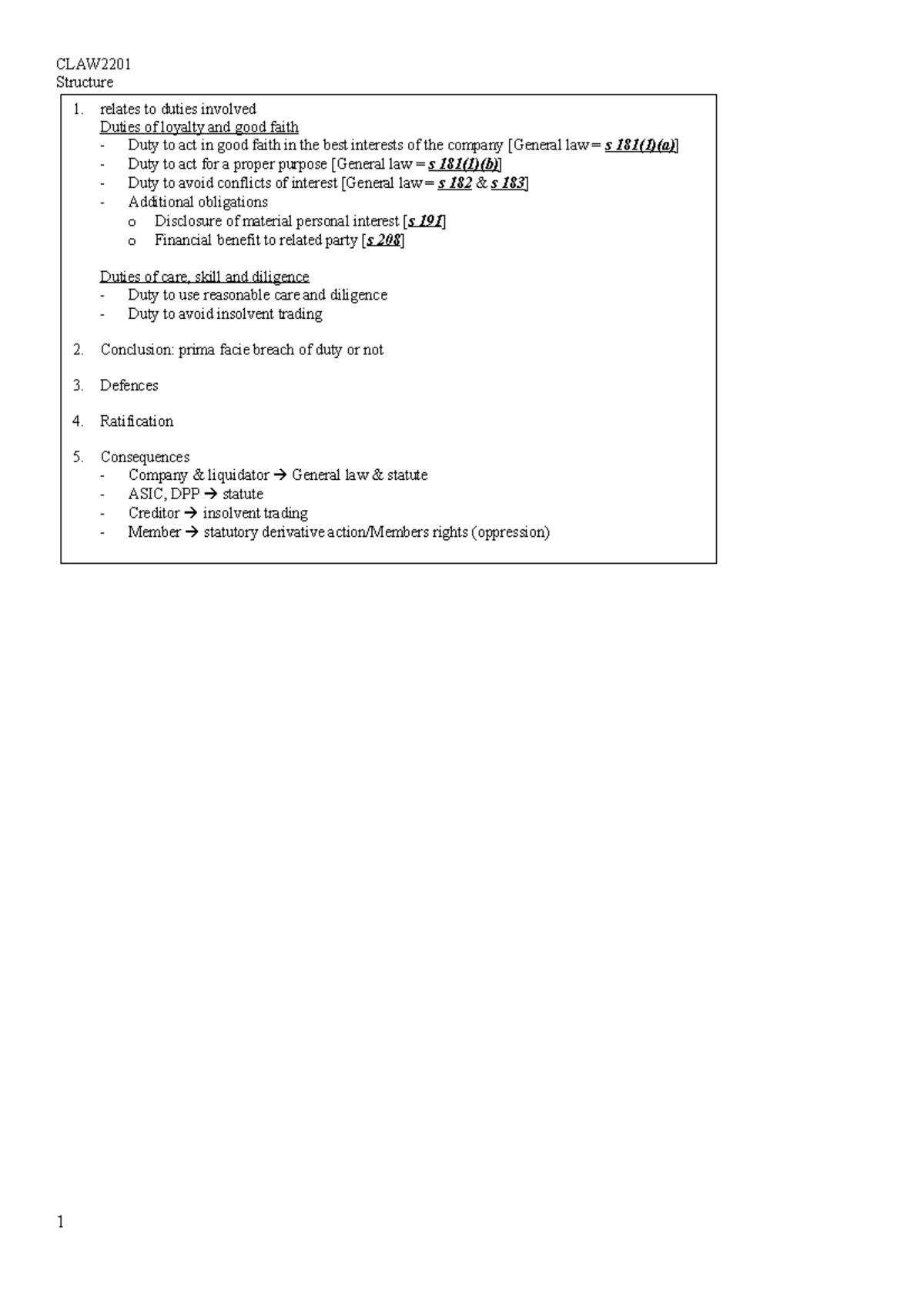 CLAW2201-Final notes - Summary Corporations Law - CLAW Structure ...