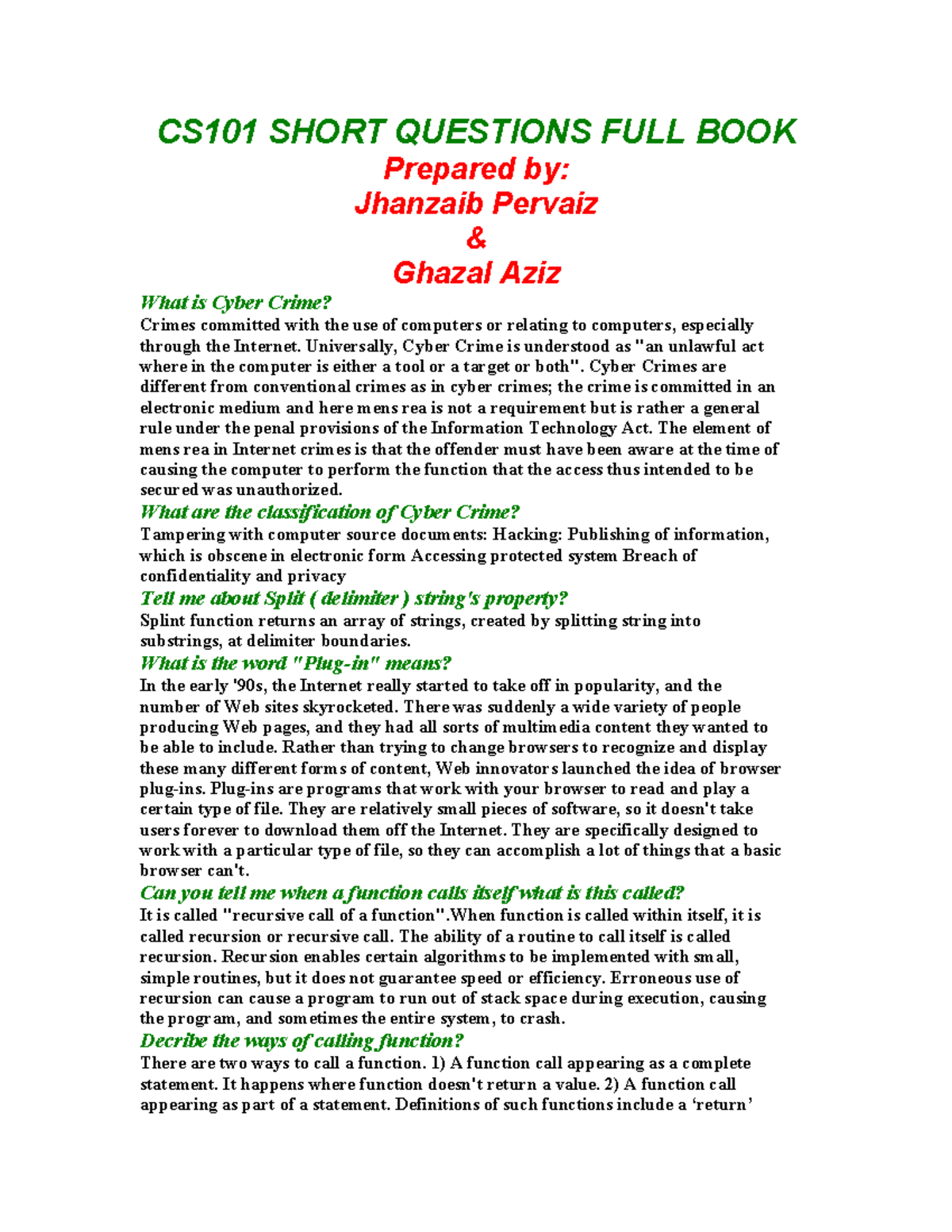 CS101 Midterm Solved Subjective by Ghazal Aziz - CS101 SHORT QUESTIONS FULL BOOK Prepared by ...