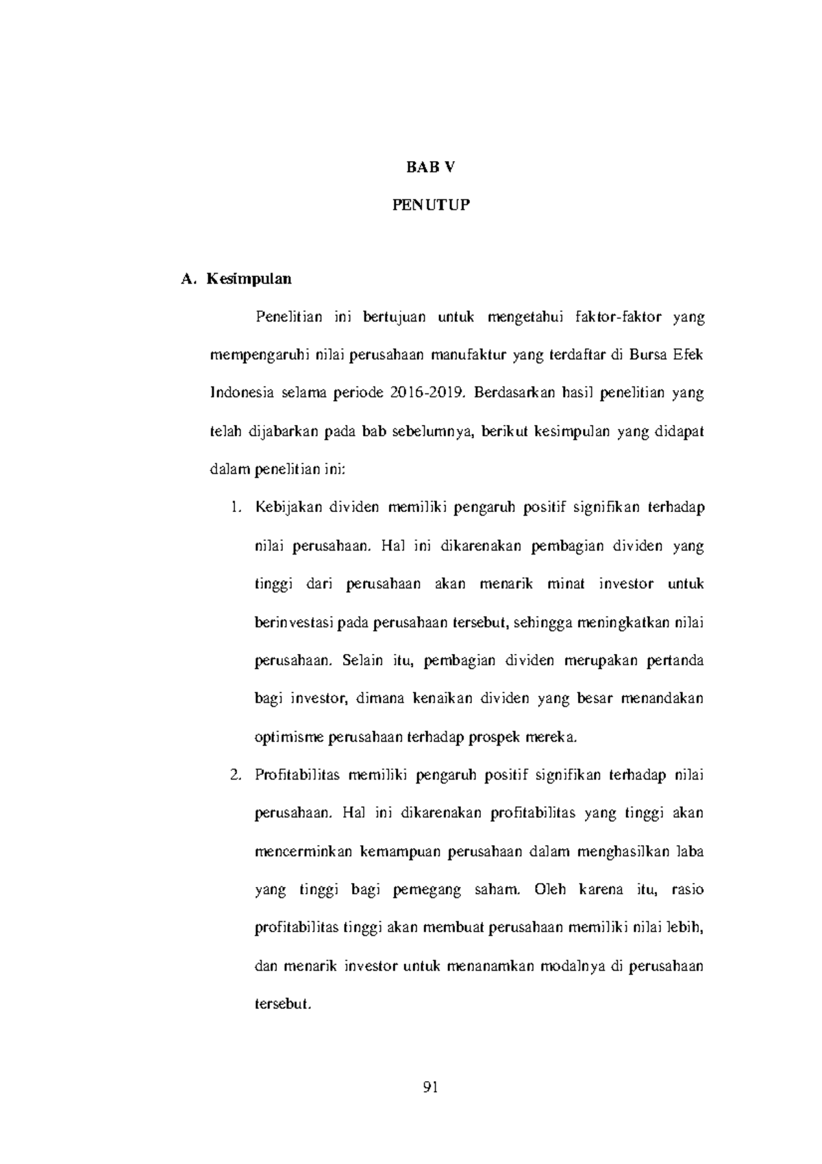 Analysis OF Factors Affecting Company Value SUM - 91 BAB V PENUTUP A ...