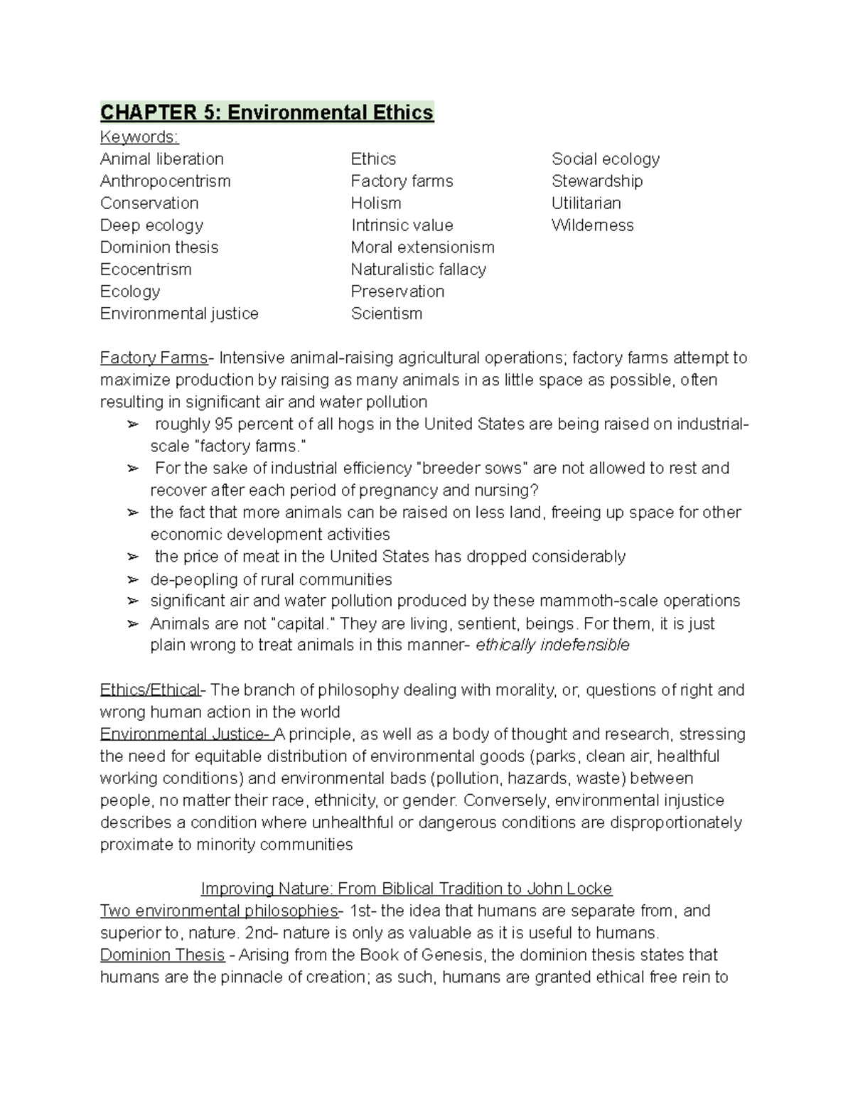 ENVST 2100 Chapter 5 Textbook notes Environmental Ethics - CHAPTER 5 ...