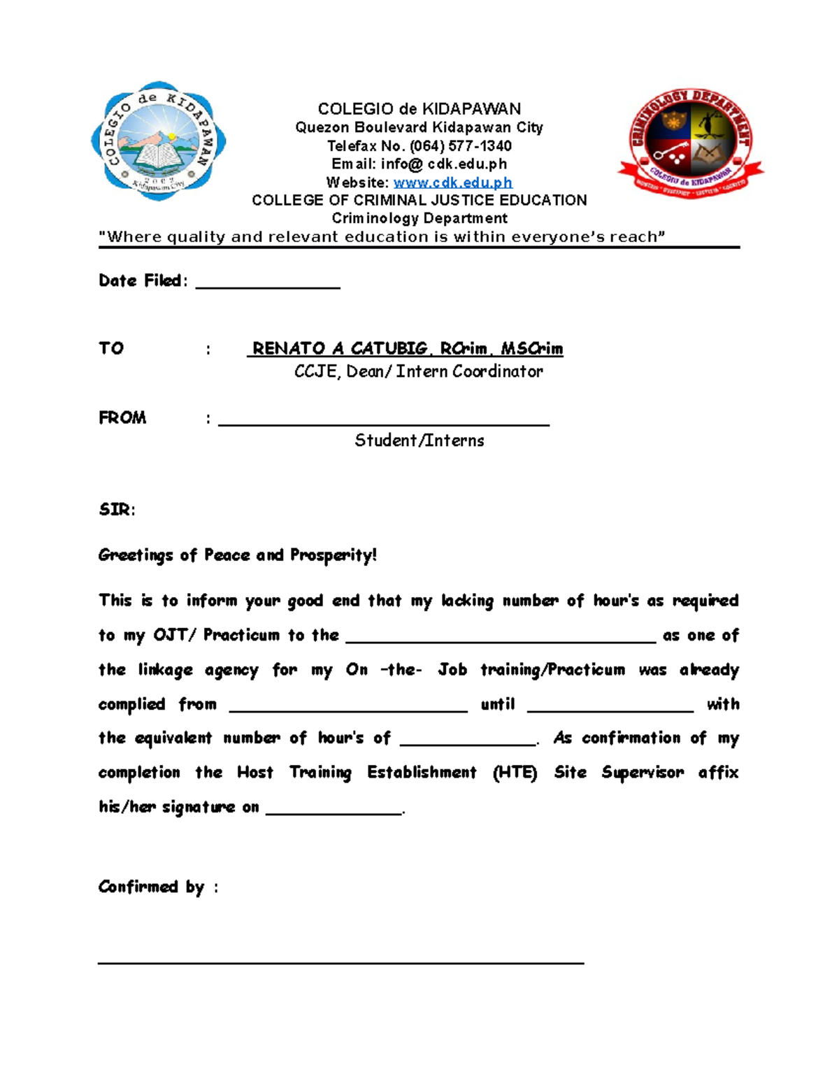 Lacking-letter document in the performance of intern students - COLEGIO ...