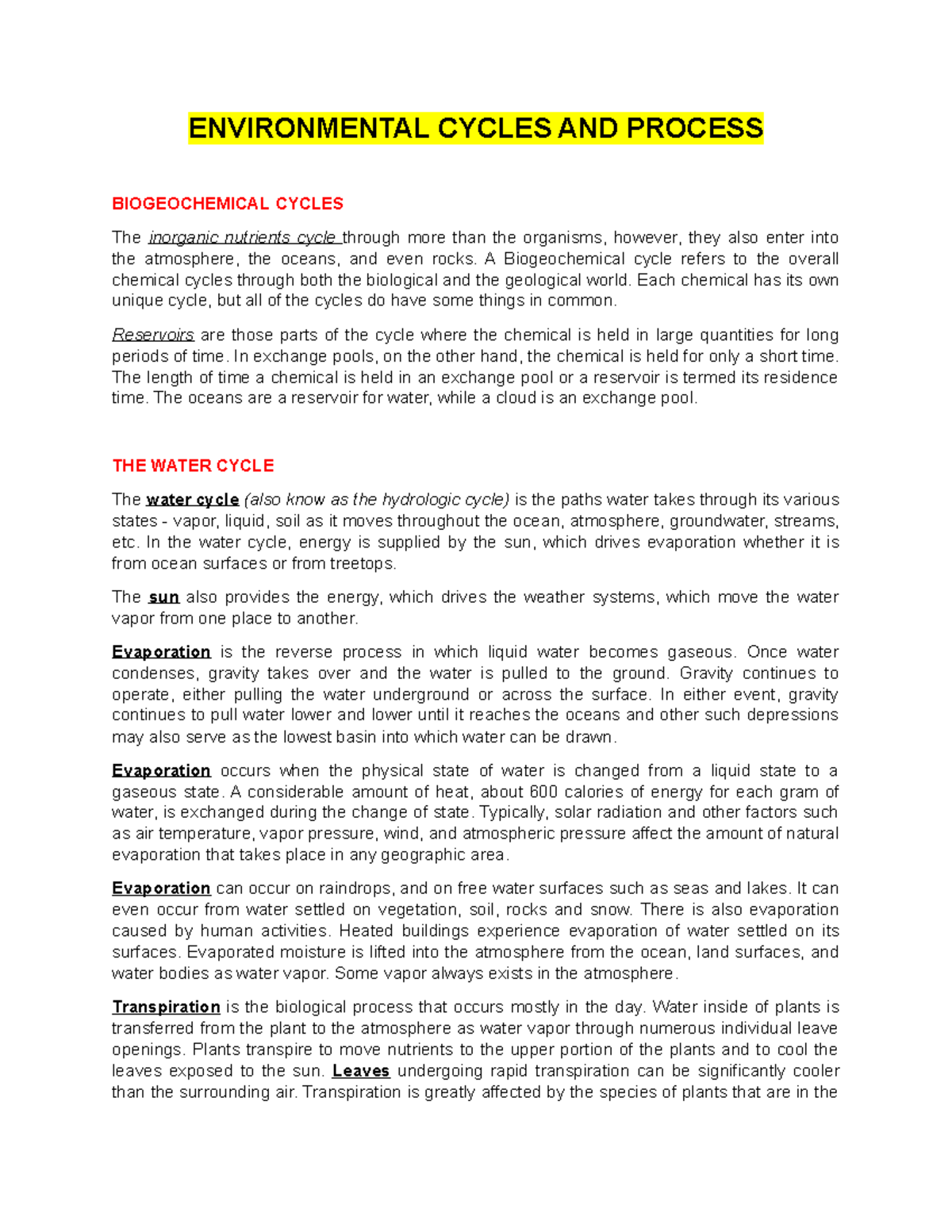 Environmental Cycles and Process - ENVIRONMENTAL CYCLES AND PROCESS ...