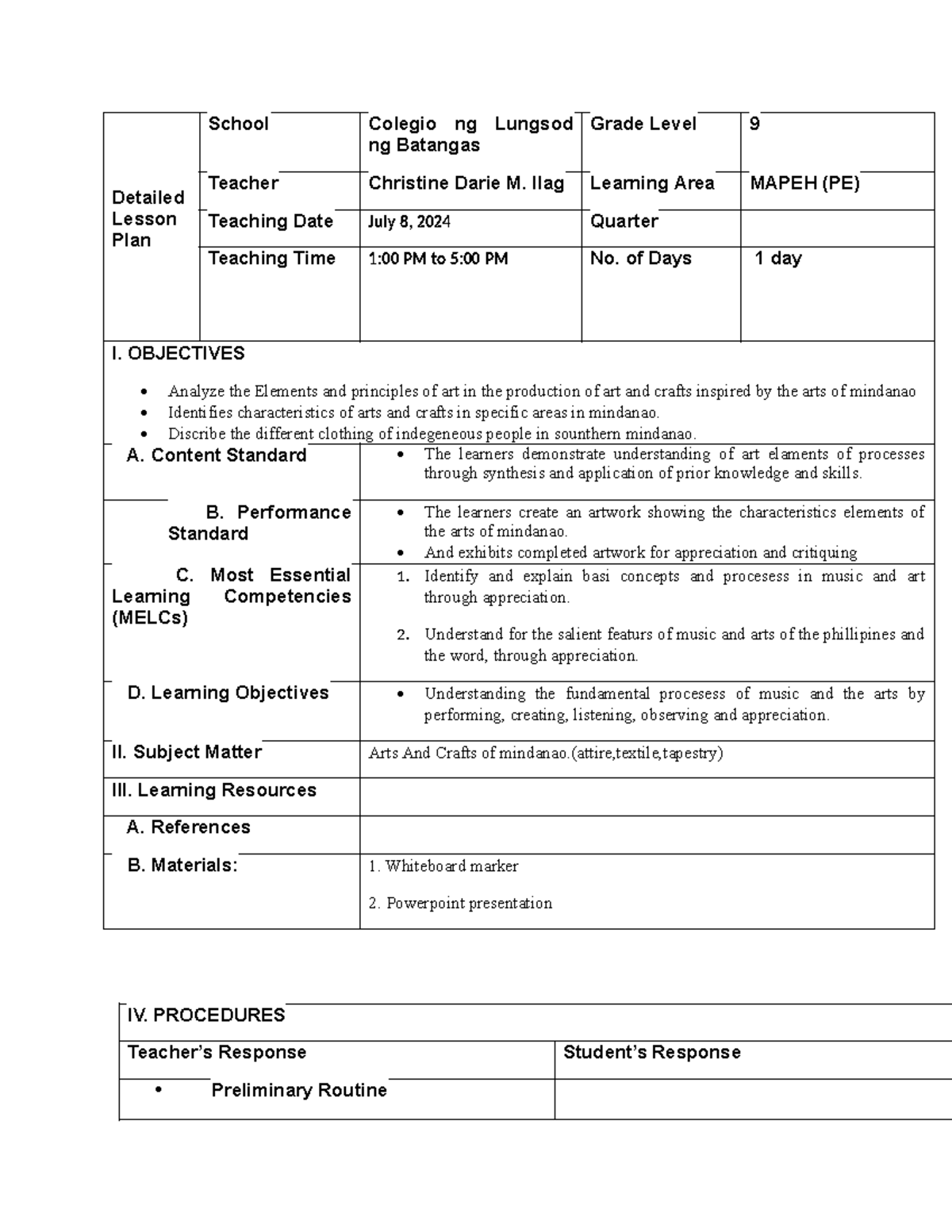 Lesson-Plan-ilag - Detailed Lesson Plan School Colegio ng Lungsod ng Batangas Grade Level 9 ...