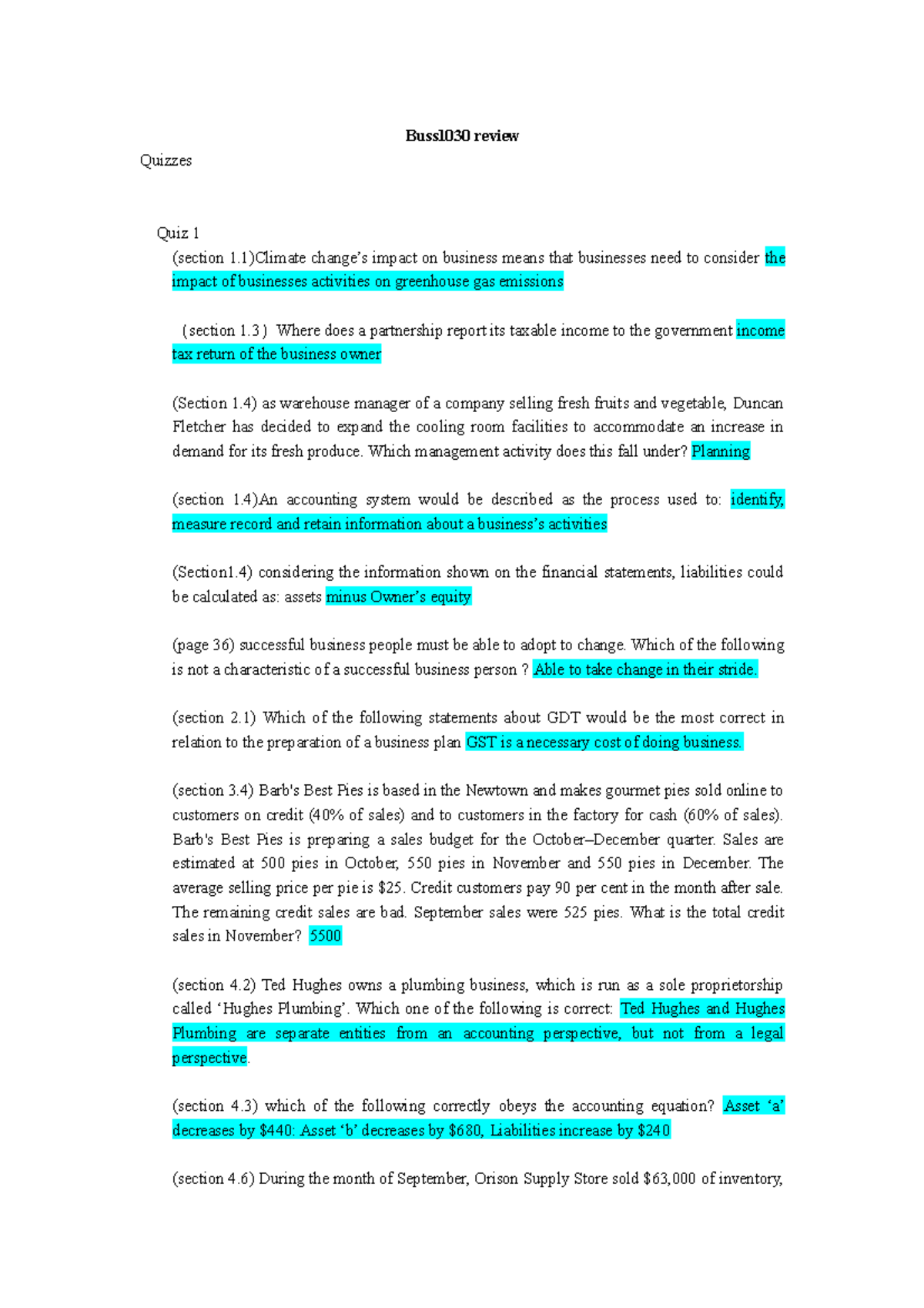 Buss1030 复习 - some of the quiz - Buss1030 review Quizzes Quiz 1 ...