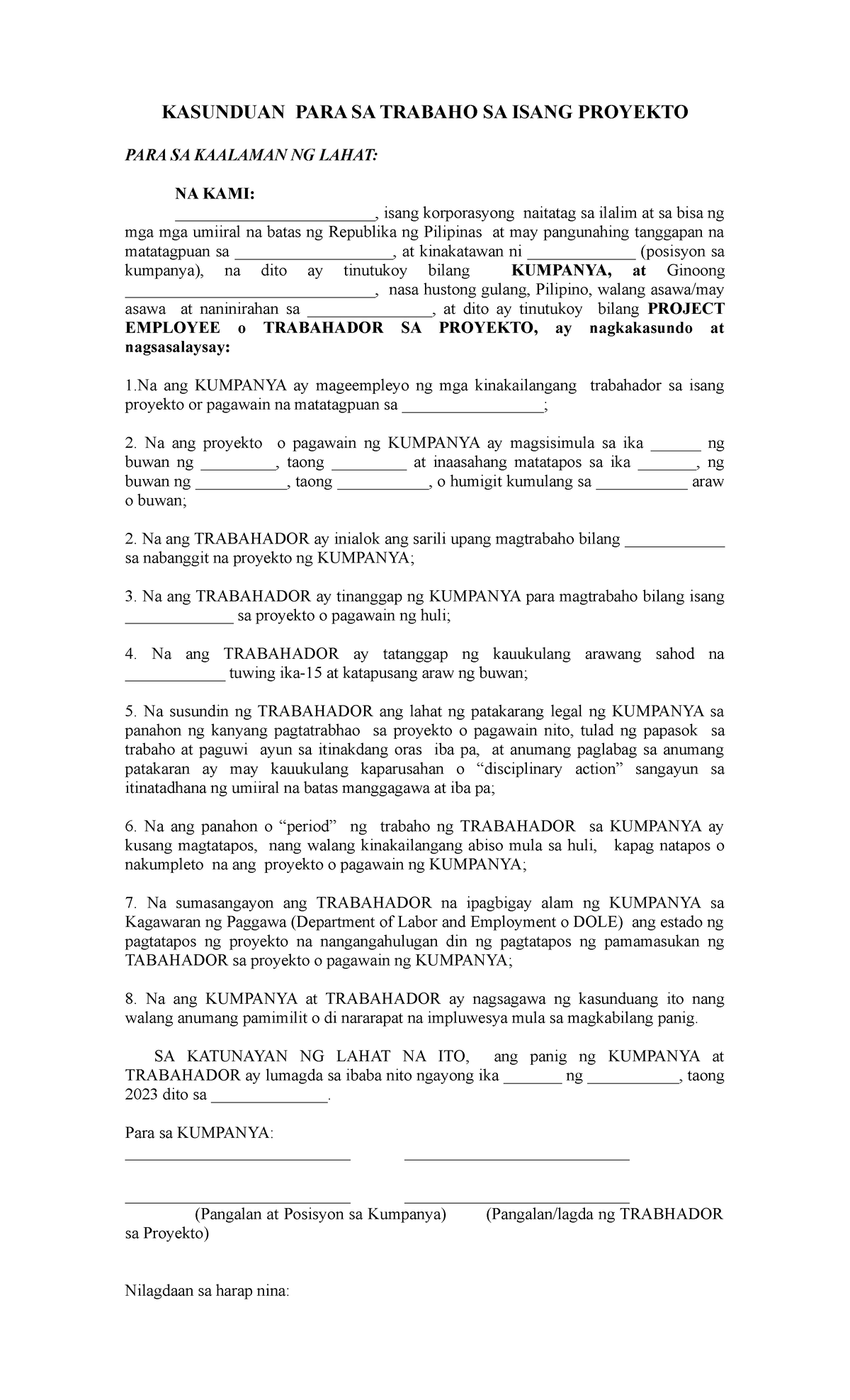 Kasunduan SA Trabaho SA Proyekto - KASUNDUAN PARA SA TRABAHO SA ISANG ...