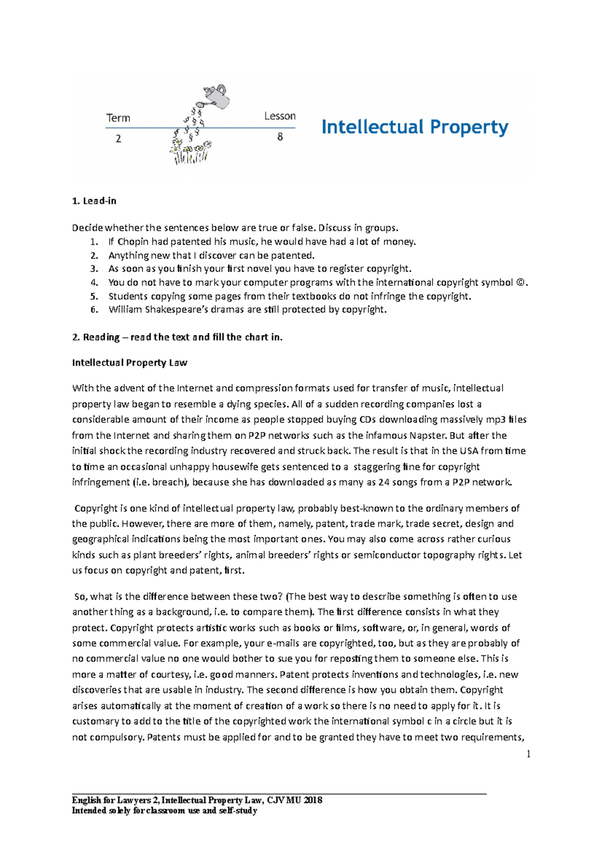 Lesson 08 Intellectual Property Law 2018 - 1. Lead-in Decide whether ...