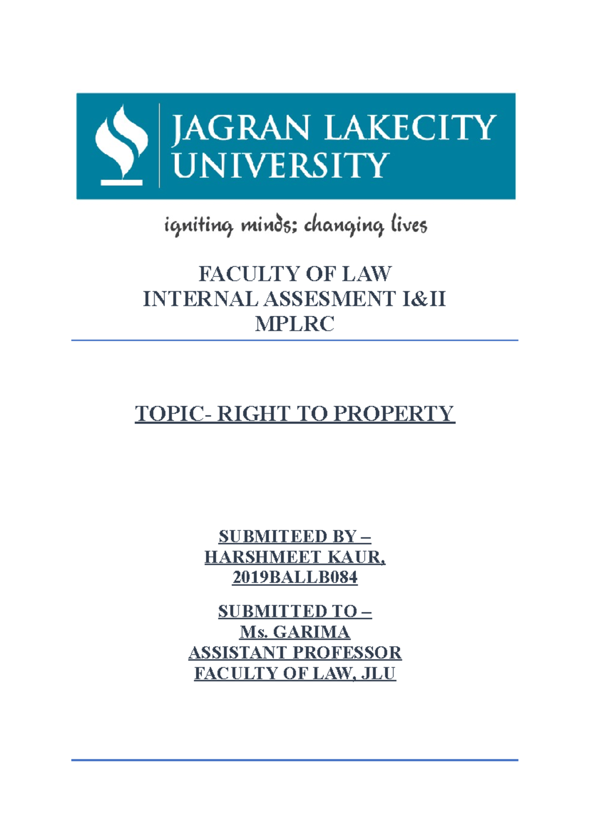 Mplrc 2019 Ballb 084 Harshmeet - FACULTY OF LAW INTERNAL ASSESMENT I&II ...