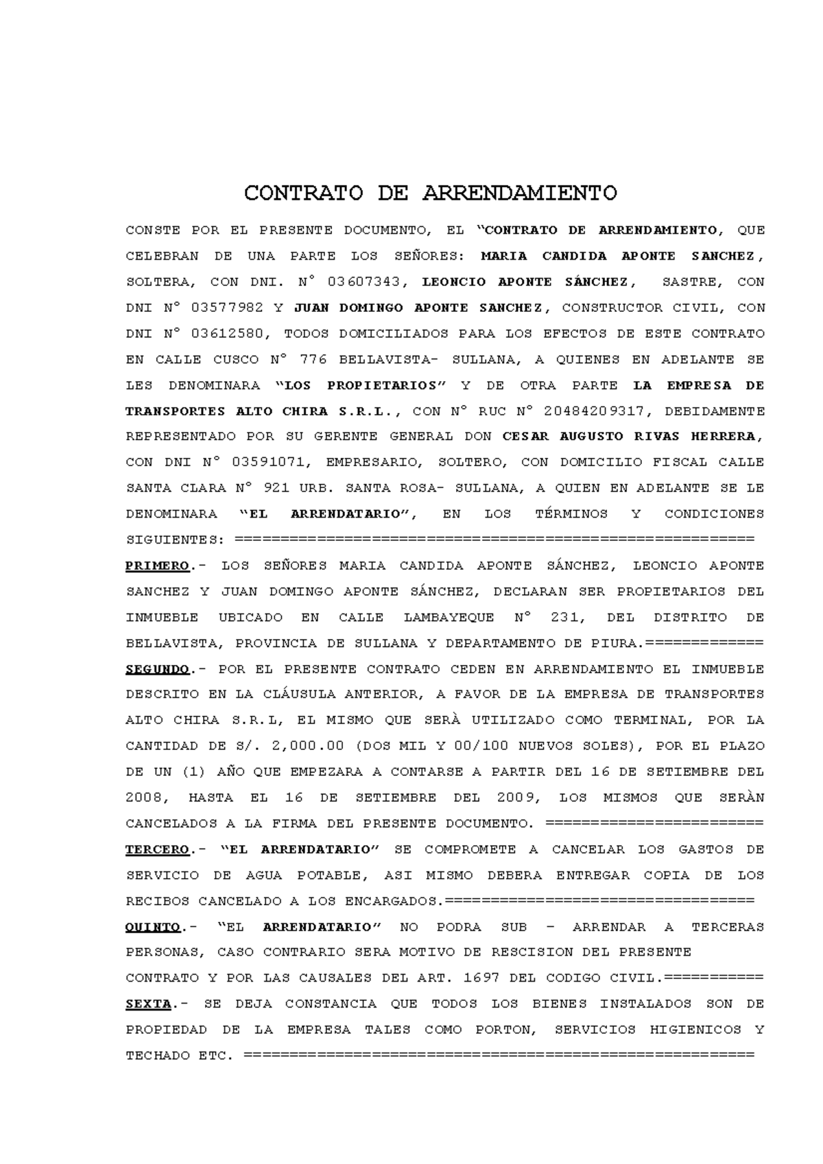 Aponte Sanchez - documento notarial - CONTRATO DE ARRENDAMIENTO CONSTE ...