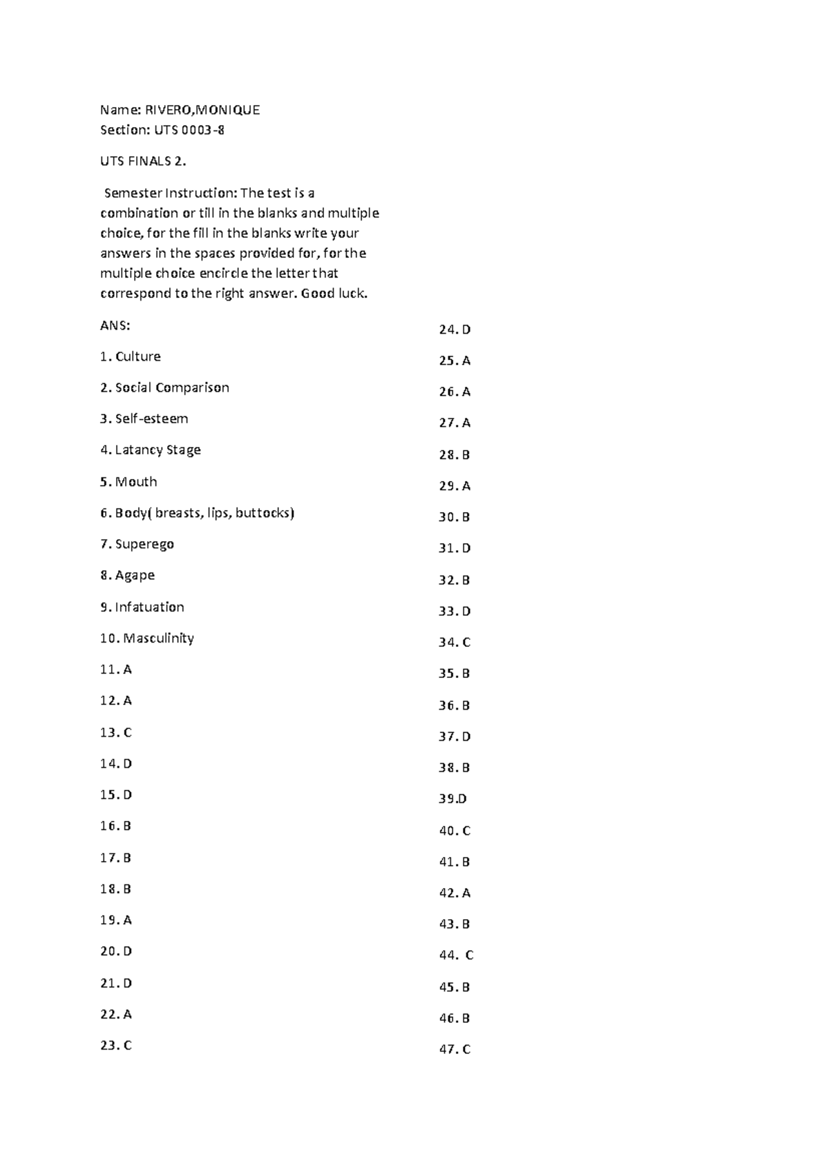 Rivero UTS Final EXAM - M,B ,JY UNBKU L7IT I - Name: RIVERO,MONIQUE Section: UTS 0003- UTS ...