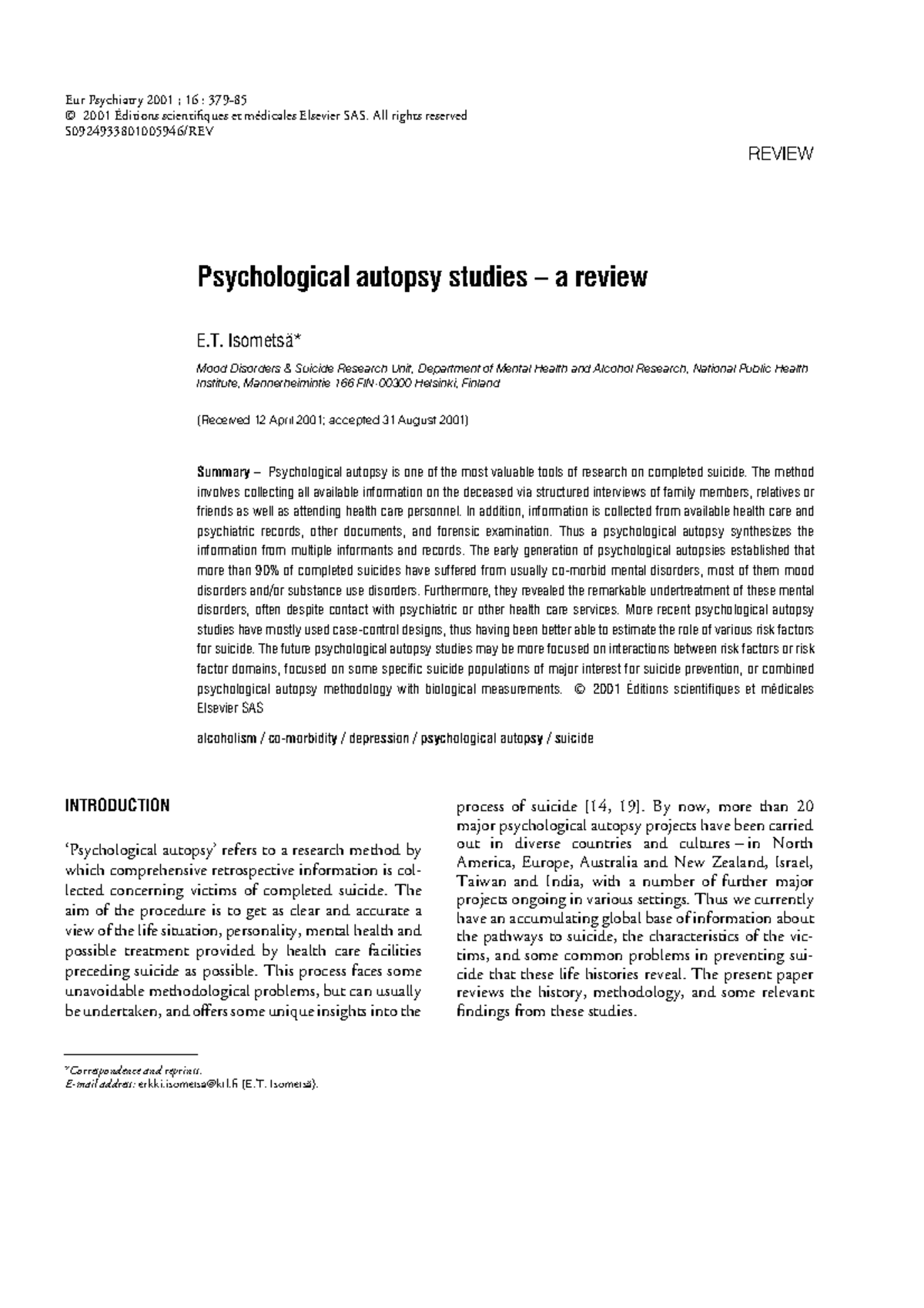 2001 Isometsä - REVIEW Psychological autopsy studies – a review E ...
