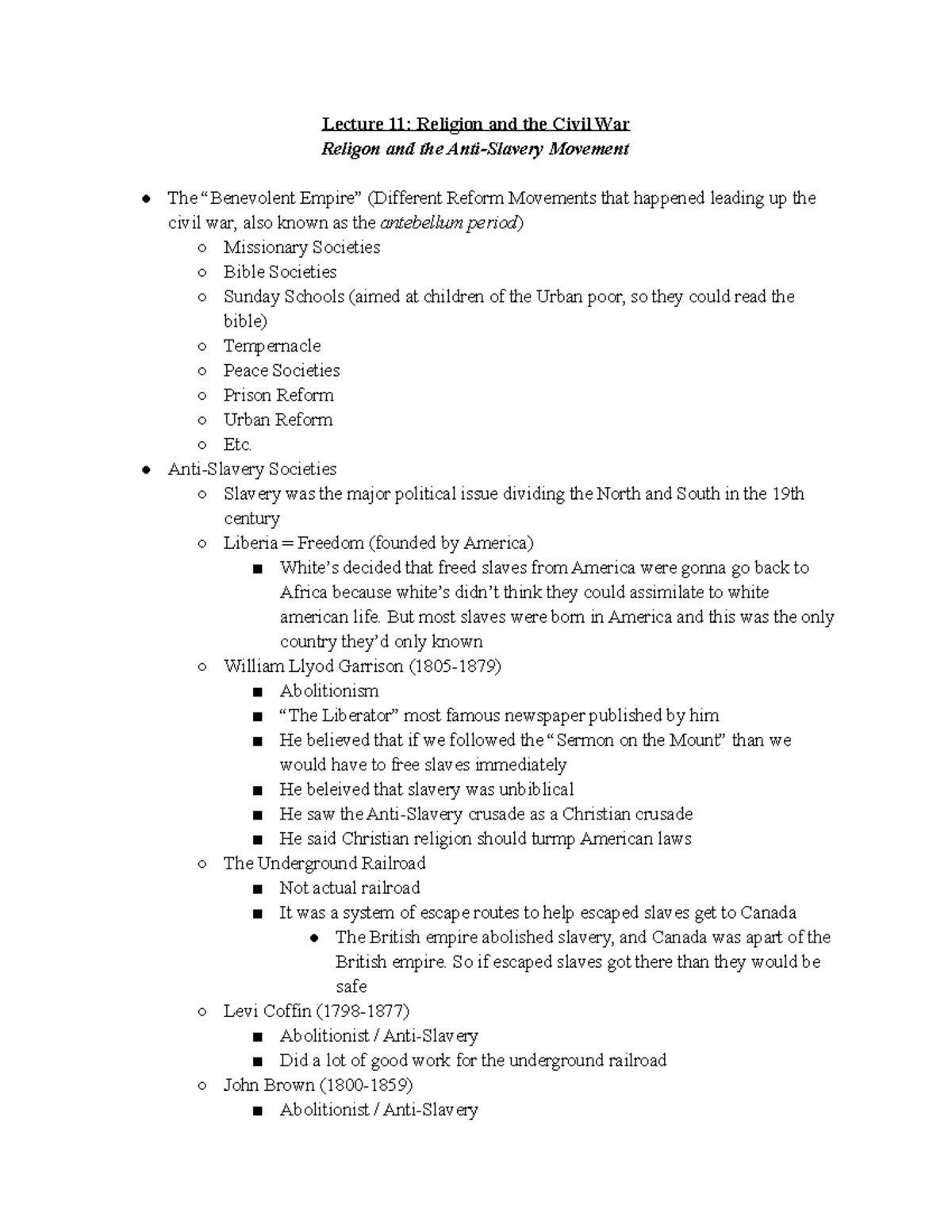 Lecture 11 Reading Notes - Lecture 11: Religion and the Civil War ...