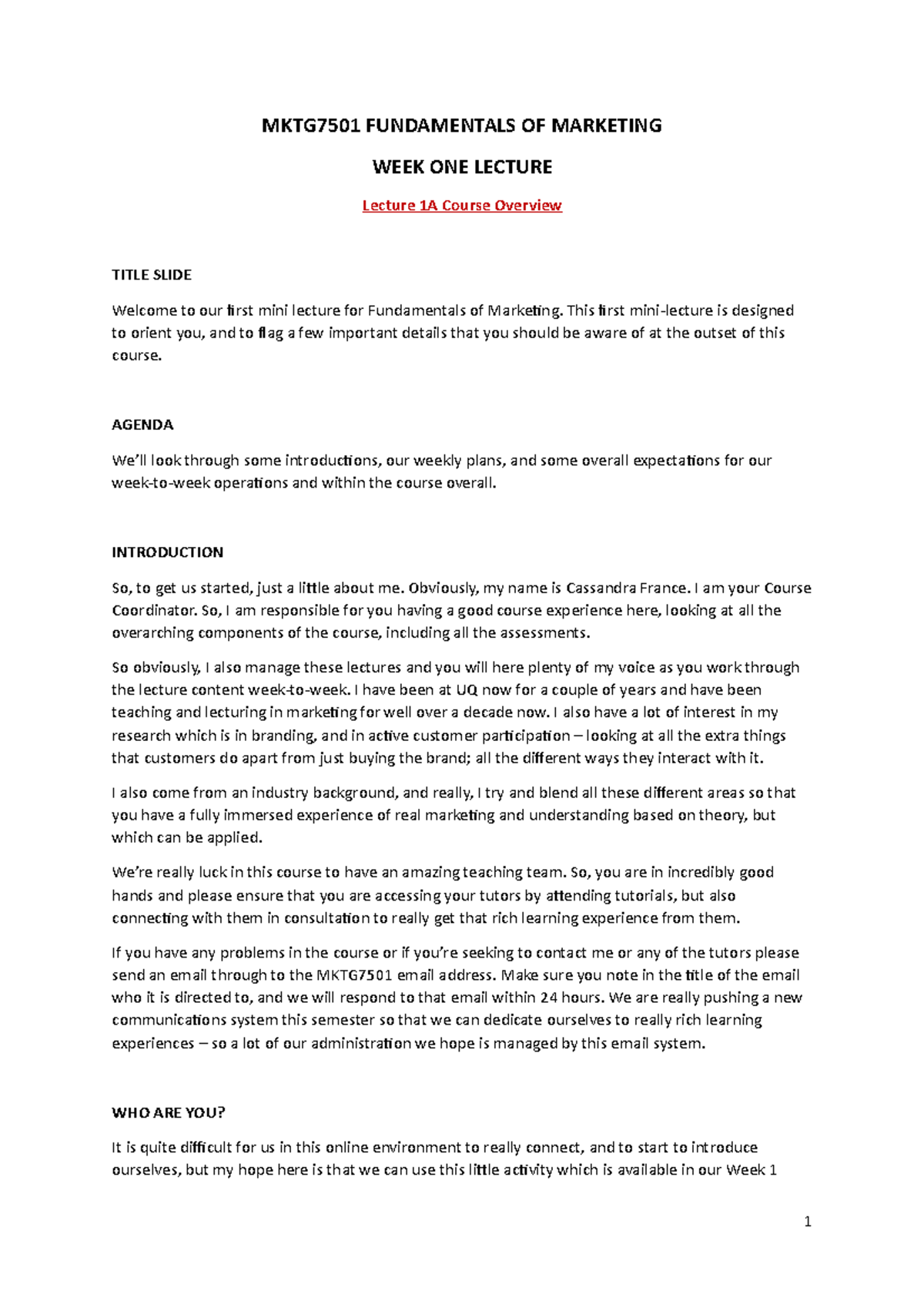 MKTG7501 Fundamentals OF Marketing WEEK 1 Lecture 2022 - MKTG7501 ...
