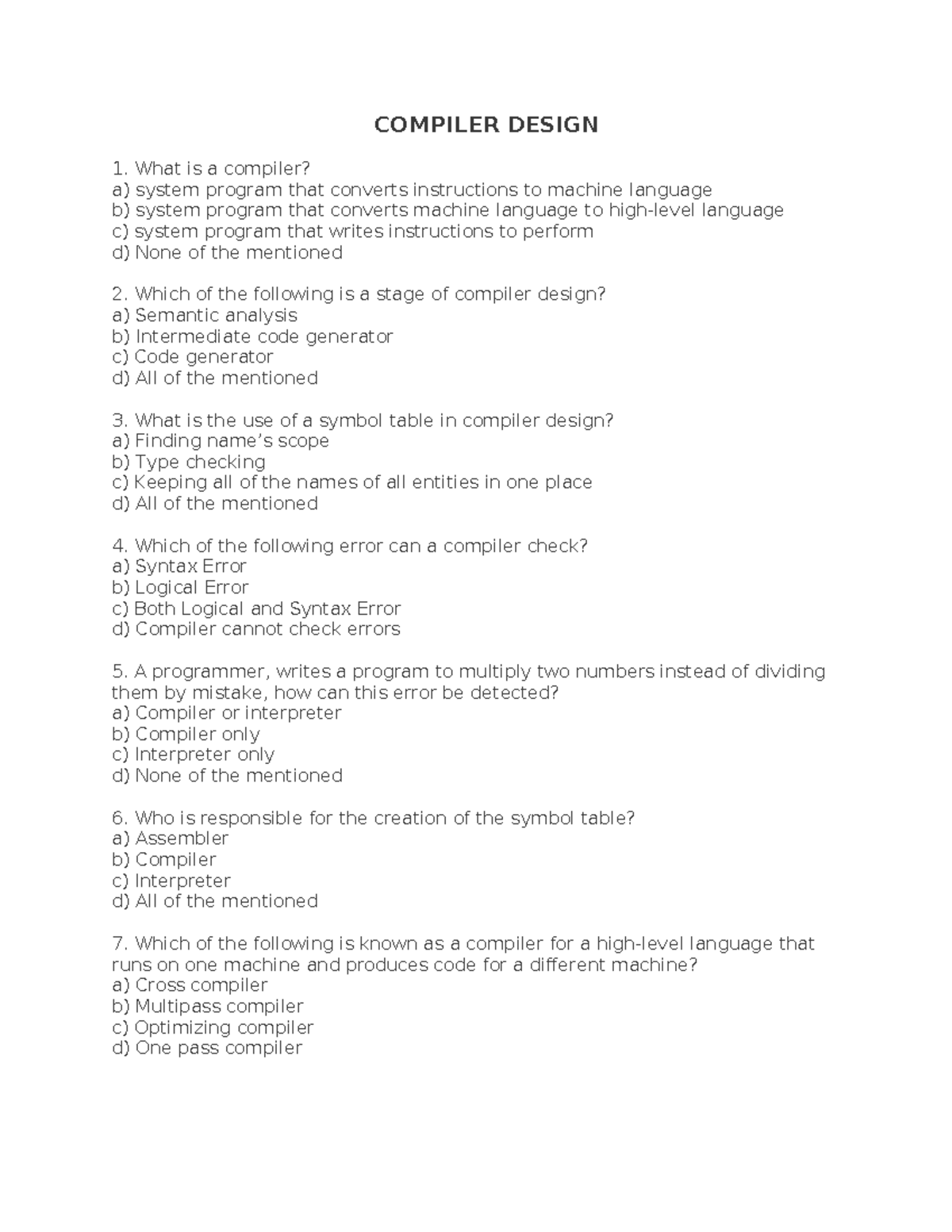 Compiler Design Question Bank Compiler Design What Is A Compiler A System Program That