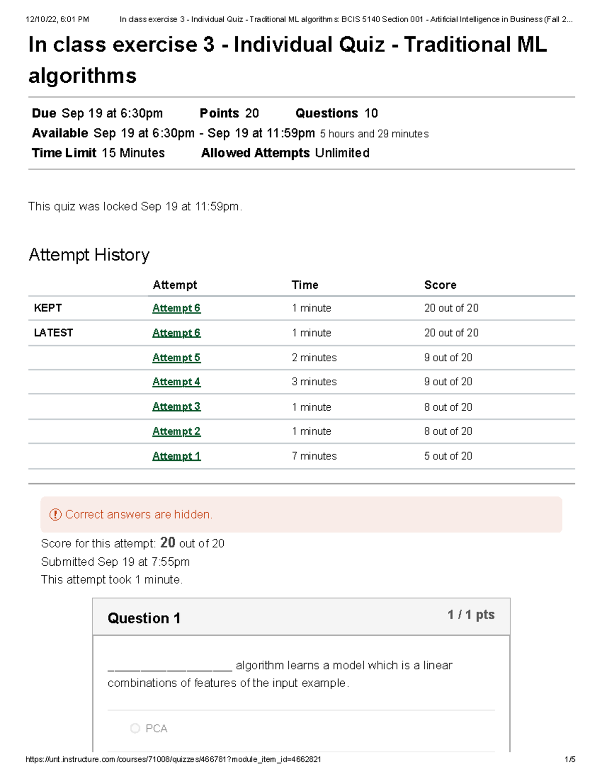 In class exercise 3 - Individual Quiz - Traditional ML algorithms BCIS 5140 Section 001 ...