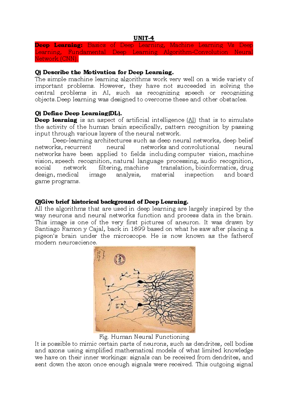 AI Goood - UNIT- 4 Deep Learning: Basics of Deep Learning, Machine Learning Vs Deep Learning ...