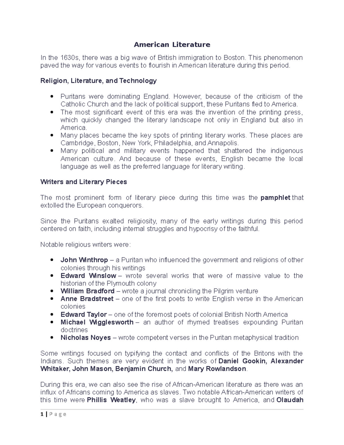 American Literature - This phenomenon paved the way for various events ...