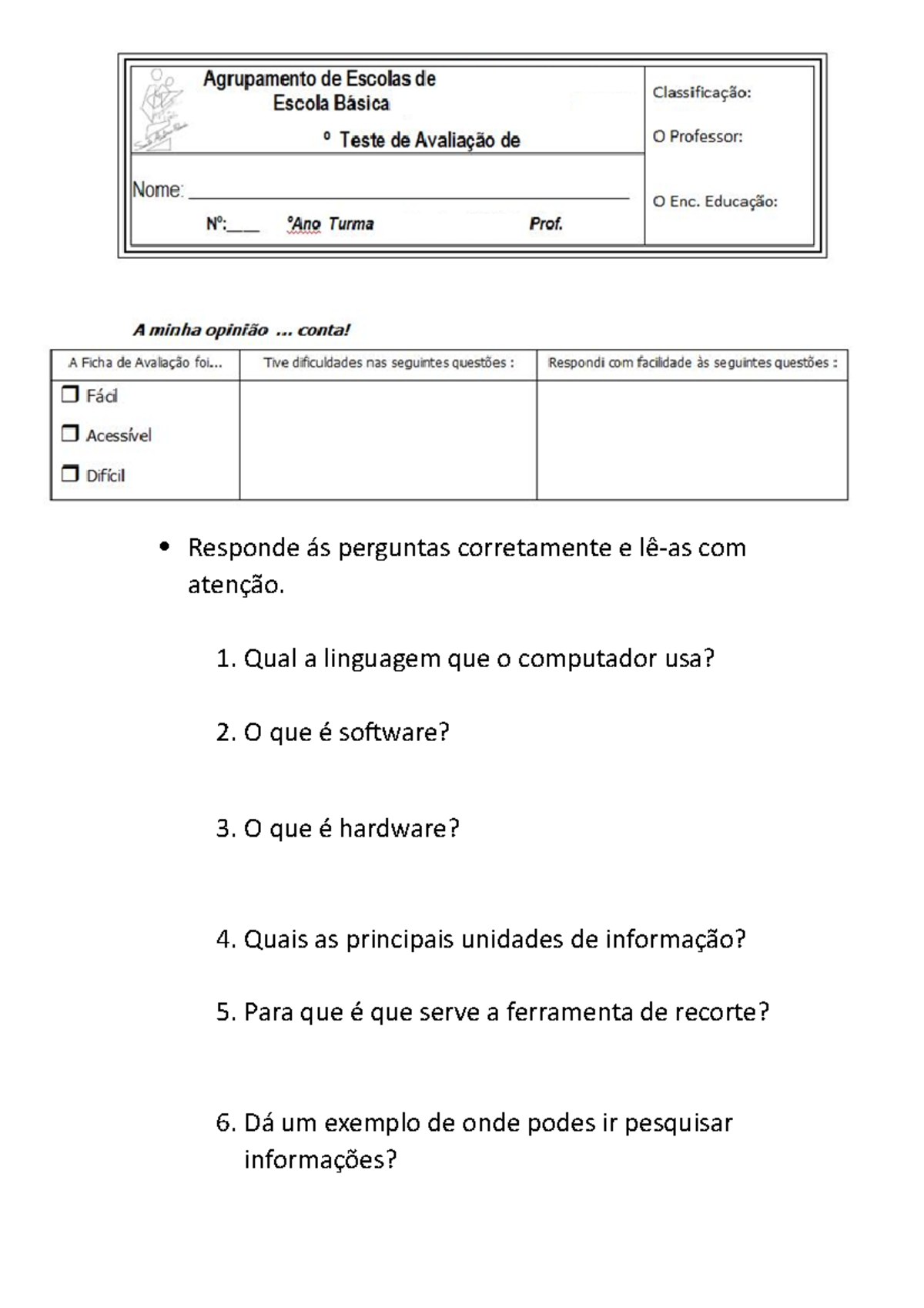 Teste de avaliação de informática inicial e básico para iniciantes ...