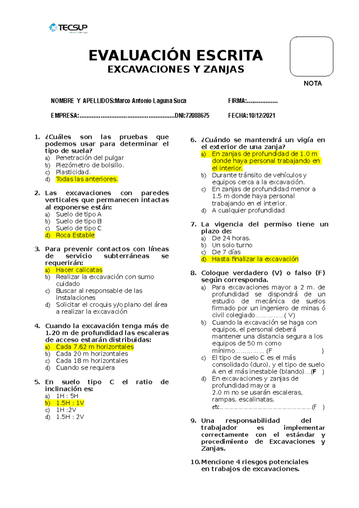 Examen - Excavaciones y Zanjas - EVALUACIÓN ESCRITA EXCAVACIONES Y ...